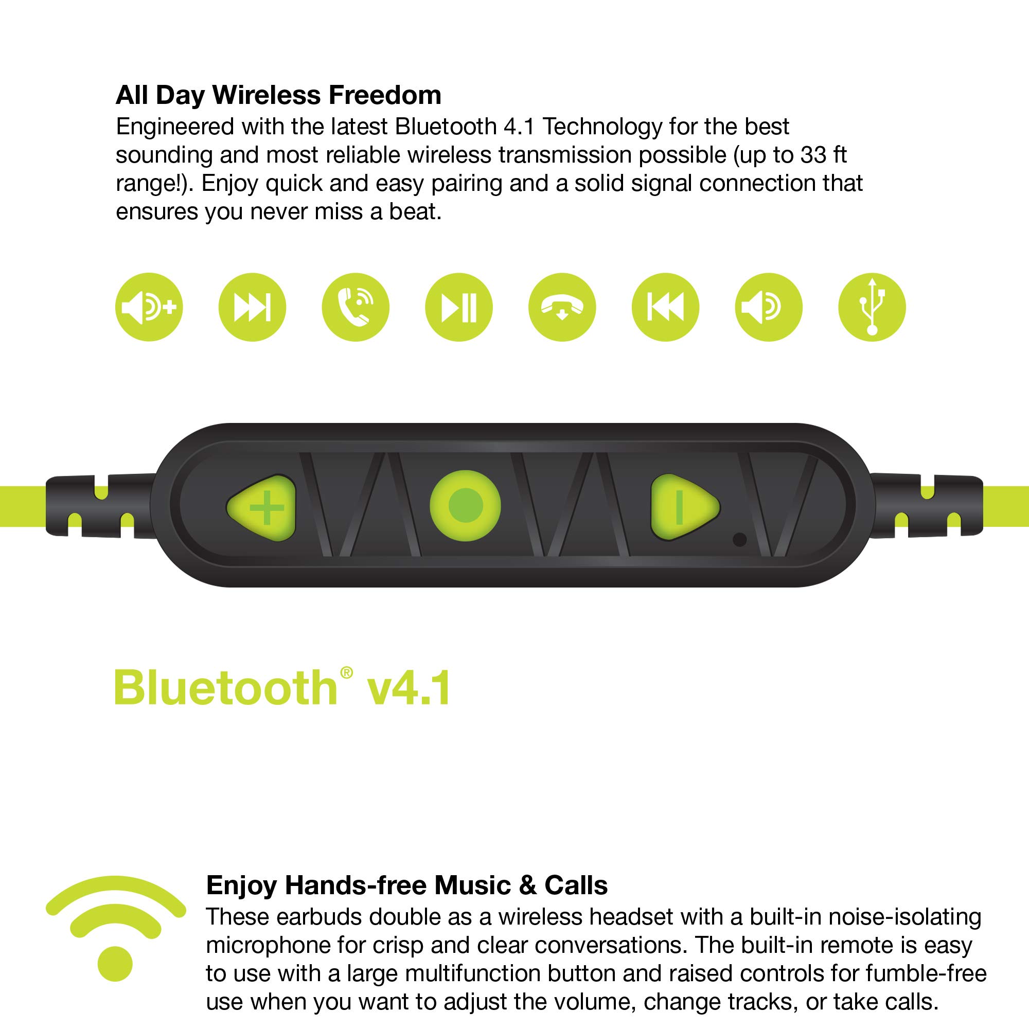 Naztech NX80w BT Wireless Superior Sound Earphones w/Built-in Noise-isolating Mic & Control Button Switch Music & Calls. Sweat Resistant Ear Gels for Running, Gym & Workout (Lime/Green)