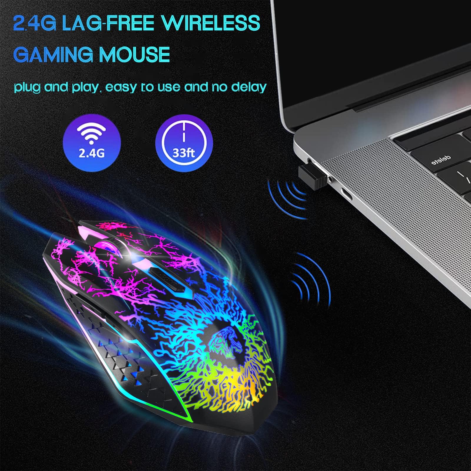 Scettar Wireless Gaming Mouse, Rechargeable Wireless Computer Gaming Mouse with Colorful LED Lights, Silent Click, Power Saving Mode, 3 Level DPI Computer Wireless Mouse for Gamer PC