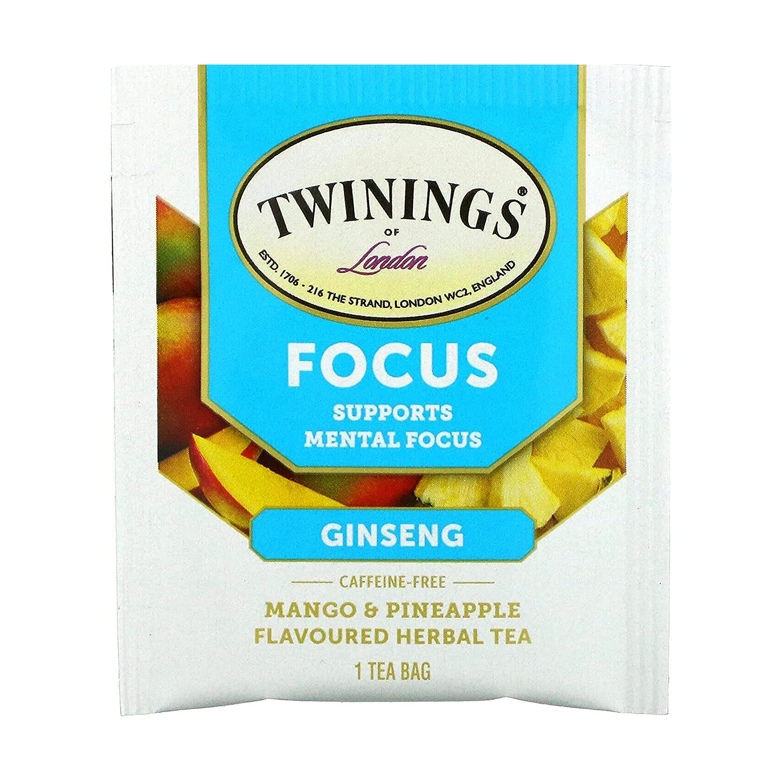 Twinings Focus Tea - Mango & Pineapple Flavoured Hibiscus Tea with Revitalizing Ginseng Root, Naturally Caffeine-Free Herbal Tea Bags Individually Wrapped, 18 Count