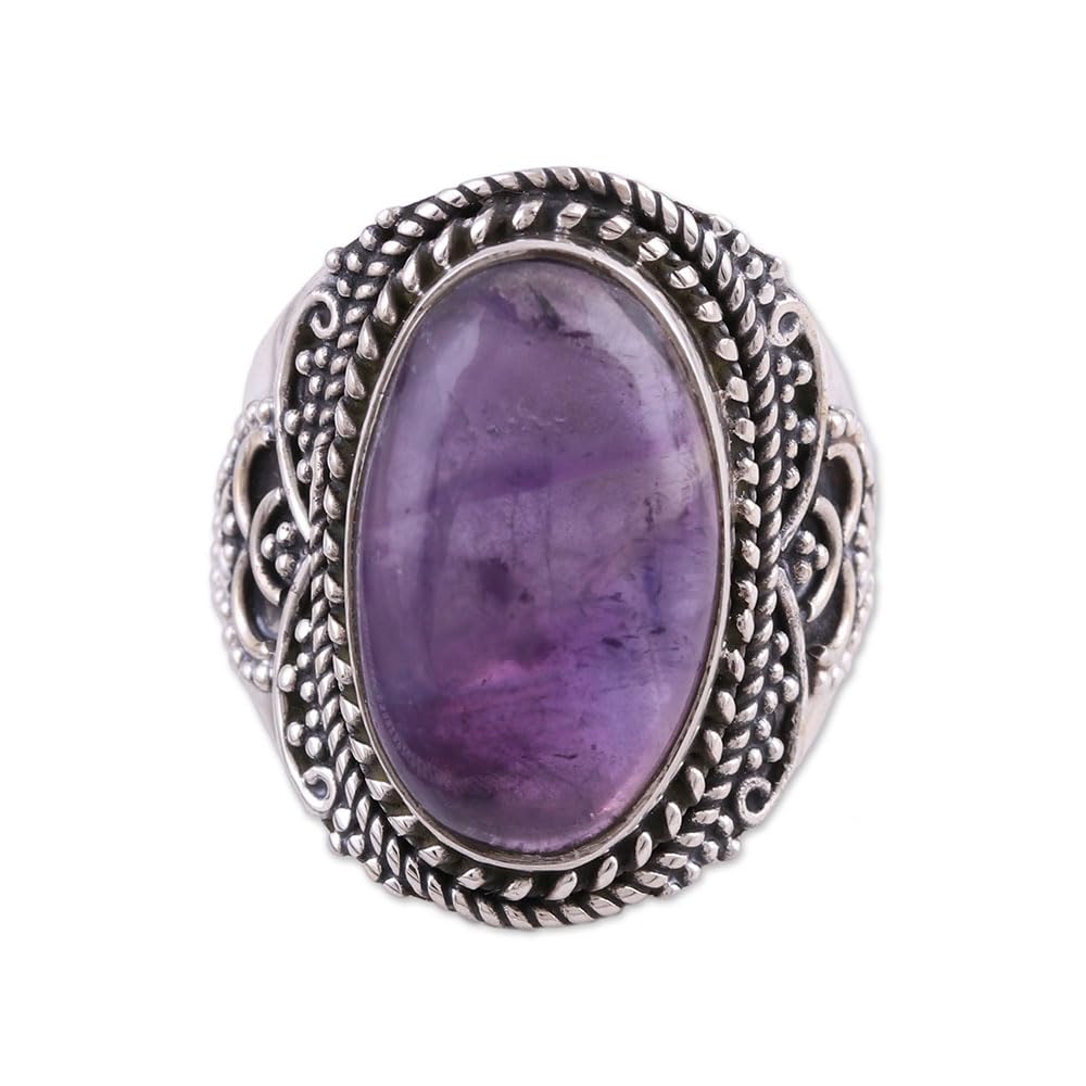 NOVICA Artisan Handmade Amethyst Cocktail Ring Sterling Silver from India Purple Birthstone [crownbezel 0.9 in L x 0.7 in W x 0.3 in H Band Width 3 mm W] ' Twilight Cascade'