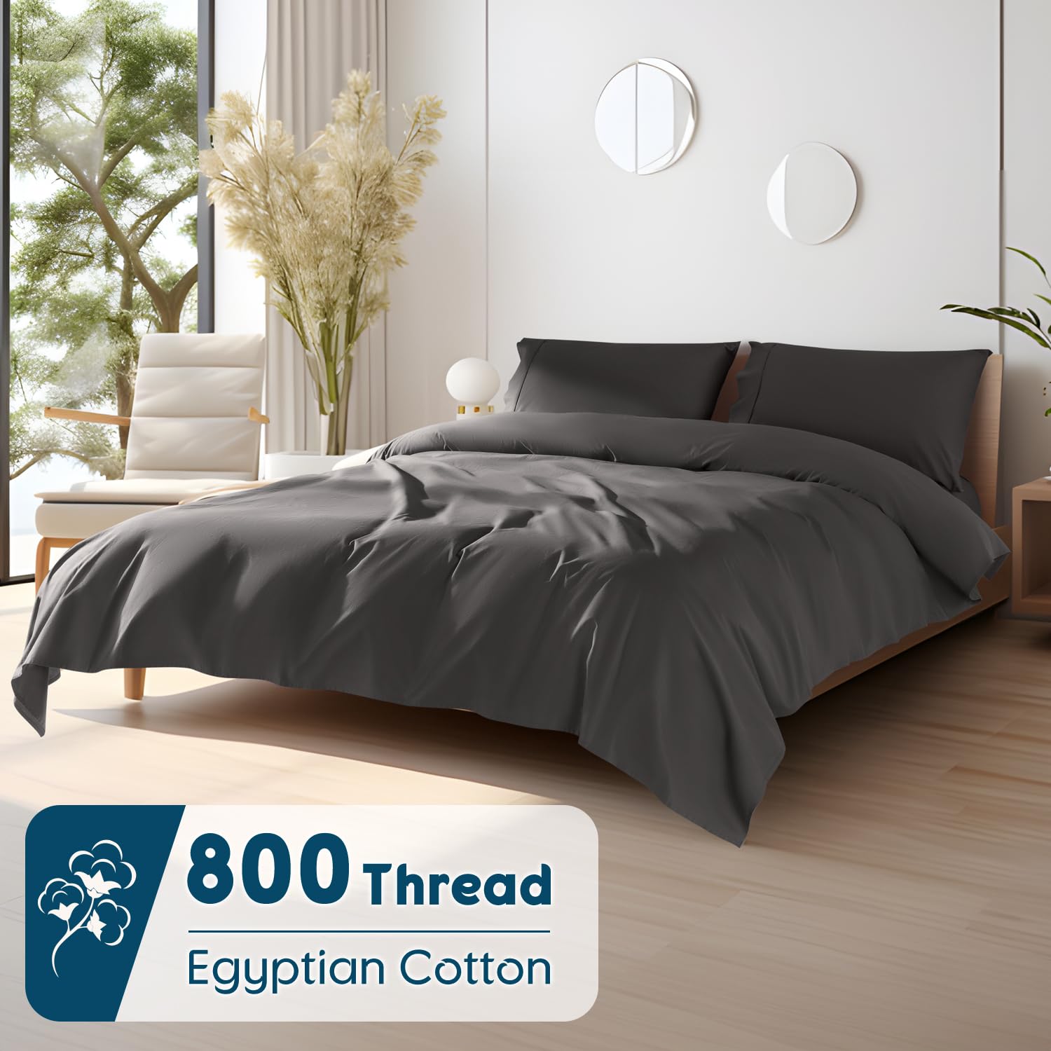 SONORO KATE 100% Egyptian Cotton Sheets - 800 Thread Count, Luxury Hotel Sateen Weave Sheets, Cooling, Soft & Breathable Bed Sheets Set, Fits 16" Deep Pocket - 4 PC (Dark Grey,88" x 98")