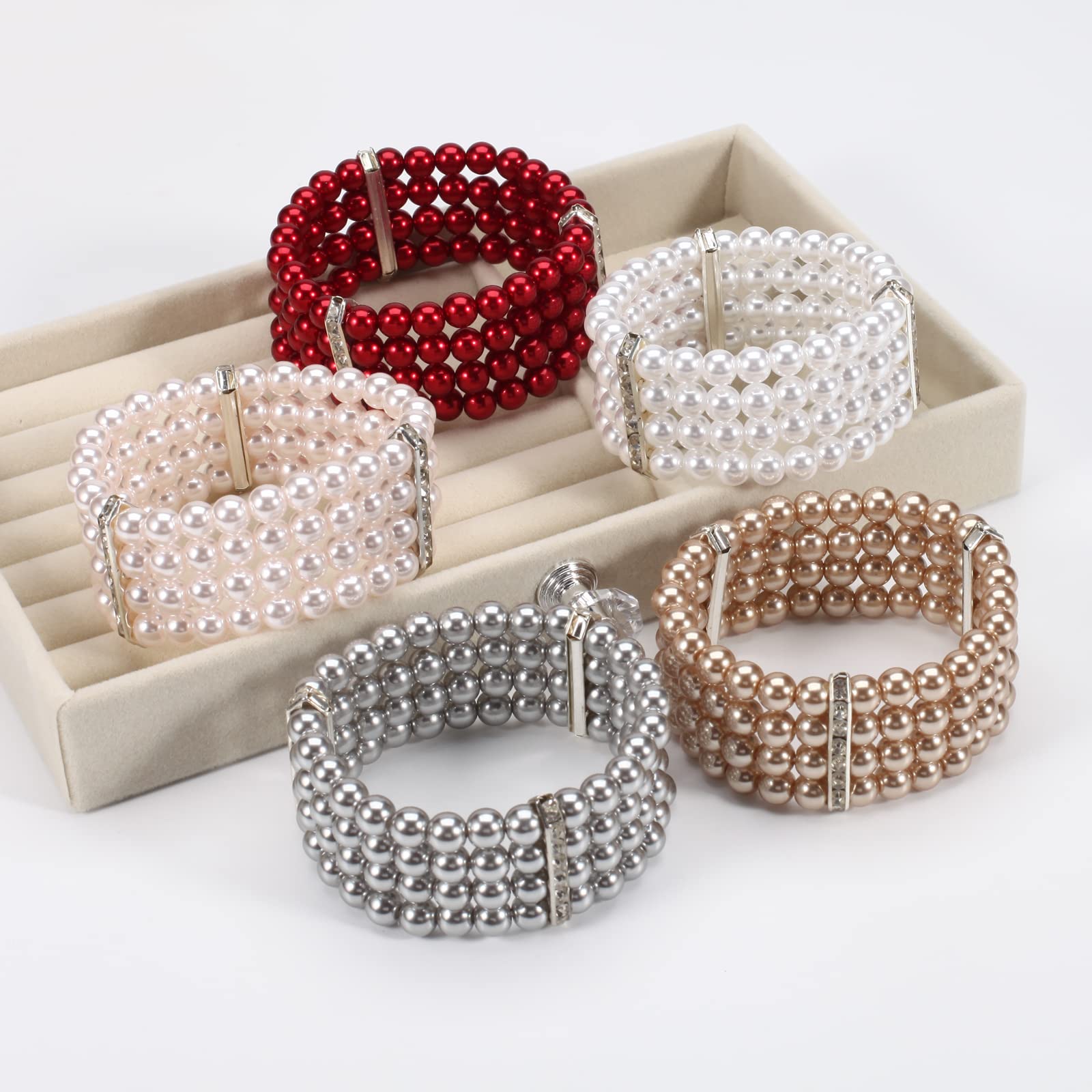 Twinfree 5 Sets Stretch Multilayer Faux 8mm Pearl Bracelet Bangle Vintage Wedding Bridal Jewelry