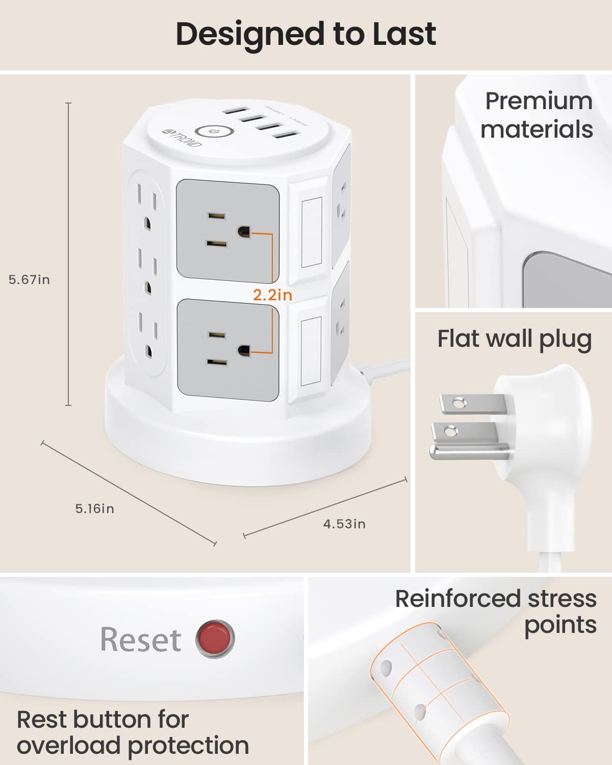 TROND Surge Protector Power Strip Tower, 14 Widely Spaced Outlets 4 USB Chargers, 6ft Extension Cord with Multiple Outlets, Flat Plug, 2100J, Overload Protection for Home Office Desk, Dorm Essentials