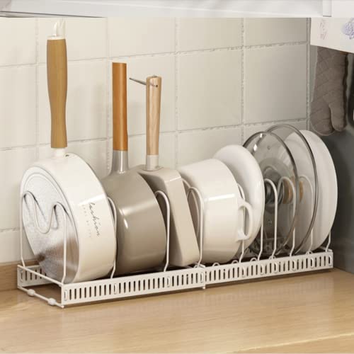 Rerii Pan Organizer Rack for Cabinet, Expandable Pots and Pans Organizer Rack, Cutting Board Pot Lid Holder Dish Drying Racks with 10 Adjustable Dividers for Kitchen Counter