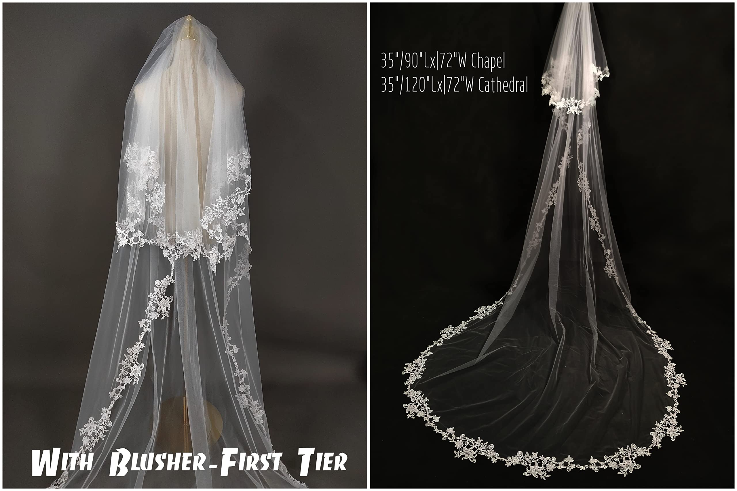 Passat Ivory 120" 2Tiers Soft French Lace Cathedral Wedding Veils For Brides Embroidered Lace Bridal Veil Ivory Comb