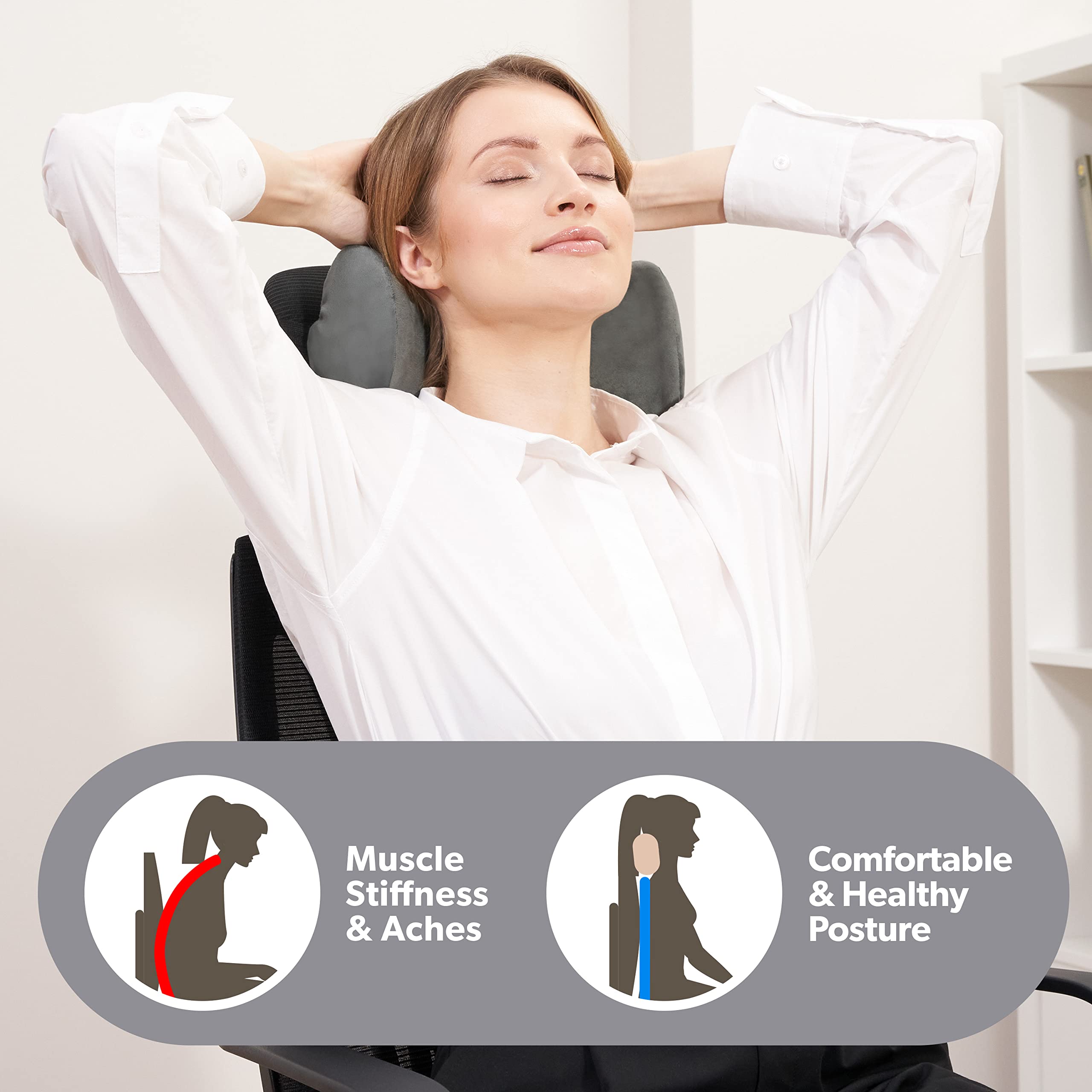 Neck Pillow Headrest Support Cushion - Clinical Grade Memory Foam for Chairs, Recliners, Driving Bucket Seats (Plush Velvet, Gray)