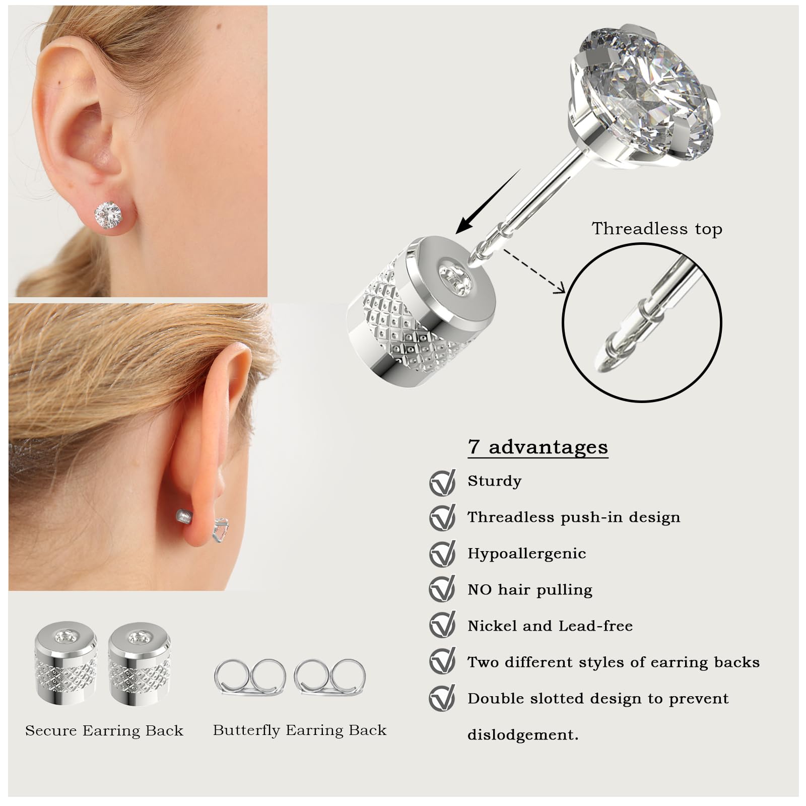 Women's Hypoallergenic Stainless Steel Cubic Zirconia Earrings Studs Set Multi-Pack, CZ Stud Earrings for Men 5 pairs 4-8mm (Silver)