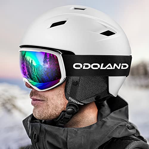Odoland Ski Helmet and Goggles Set, Snowboard Helmet Glasses for Men, Women & Youth - Shockproof/Windproof Gear for Skiing, Snowboarding-White,L
