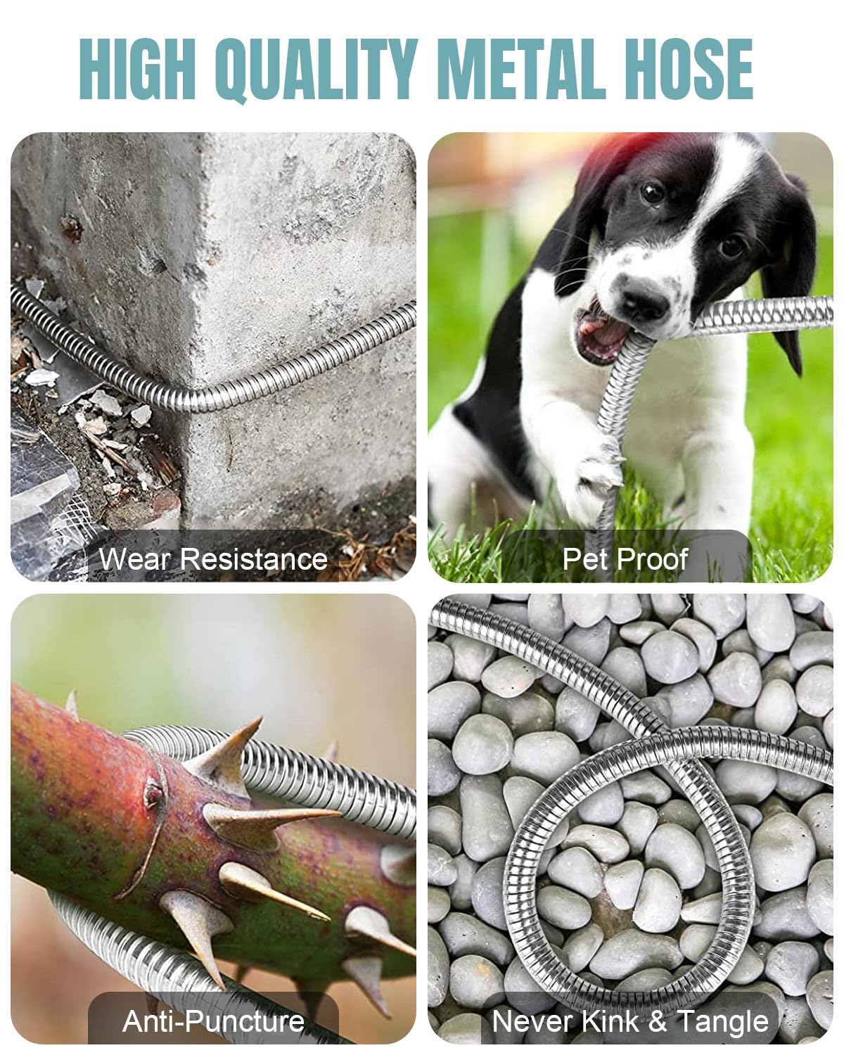 Stainless Steel Garden Hose, 50ft Heavy Duty Metal Water Hose with 10-Mode Water Gun & 6 Pattern Spray Nozzle, Flexible, Leak Proof, No Kink, Puncture Resistant for Yard, Outdoors, Rv