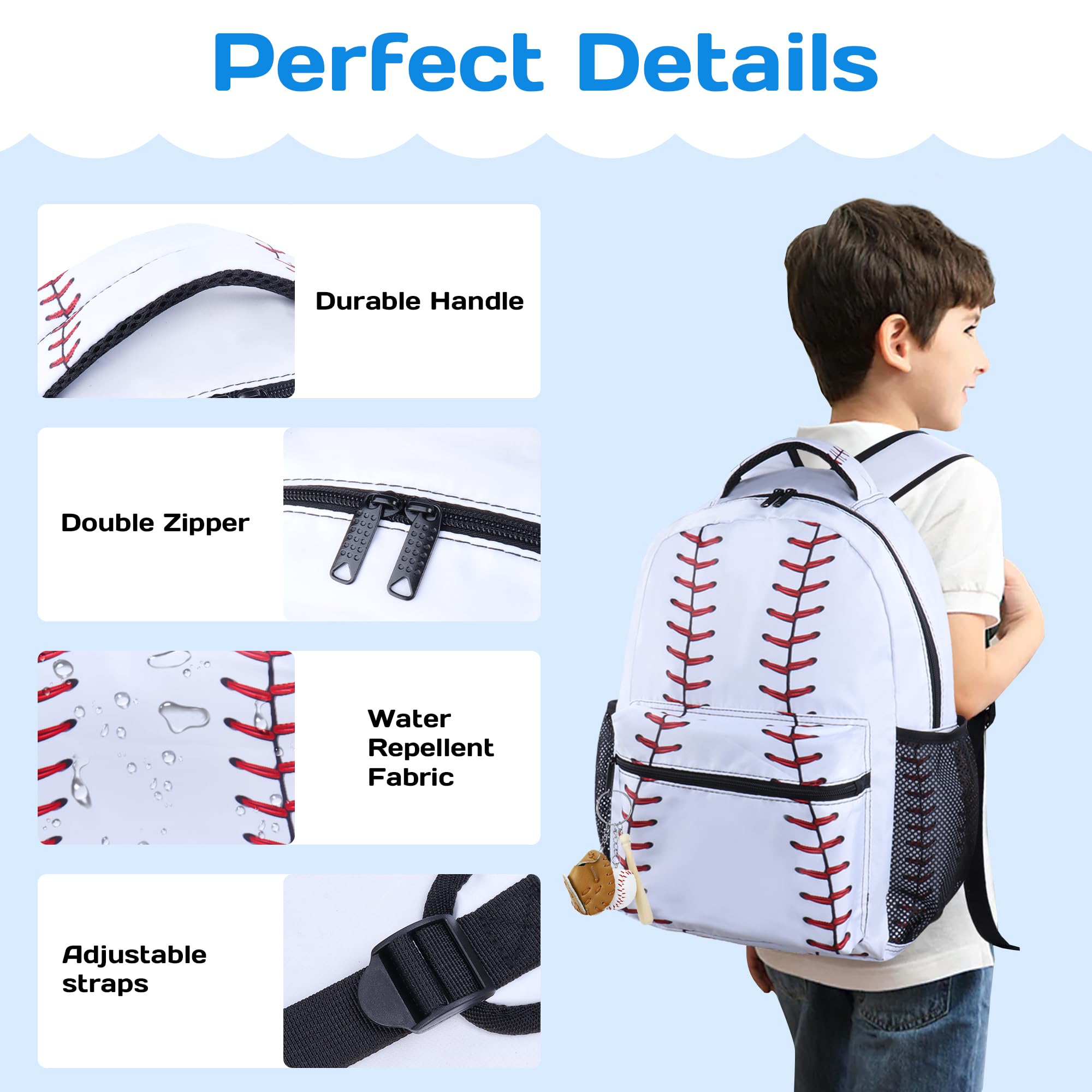 NHBTGSF Baseball Backpack for Boys,Kids Baseball Backpack for School,17inch Backpack Set with Lunch Bag and Keychain White