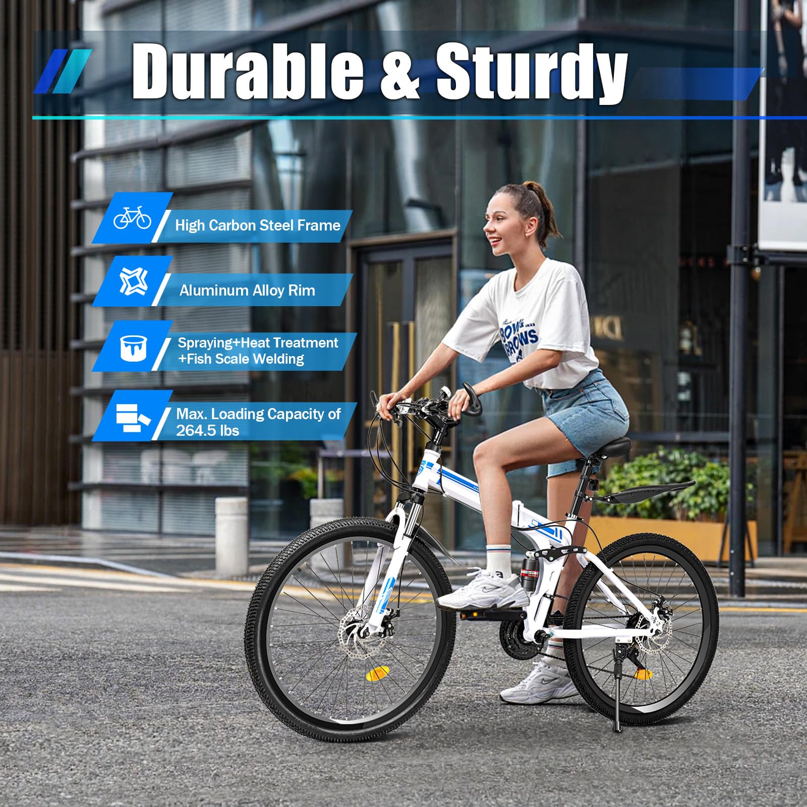 WDZCZDoo 26 Inch Foldable Mountain Bike, 21 Speed MTB Bicycle with High Carbon Steel Frame,Spring Fork,Dual-Disc Brake, for Adult,Men & Womens Bikes