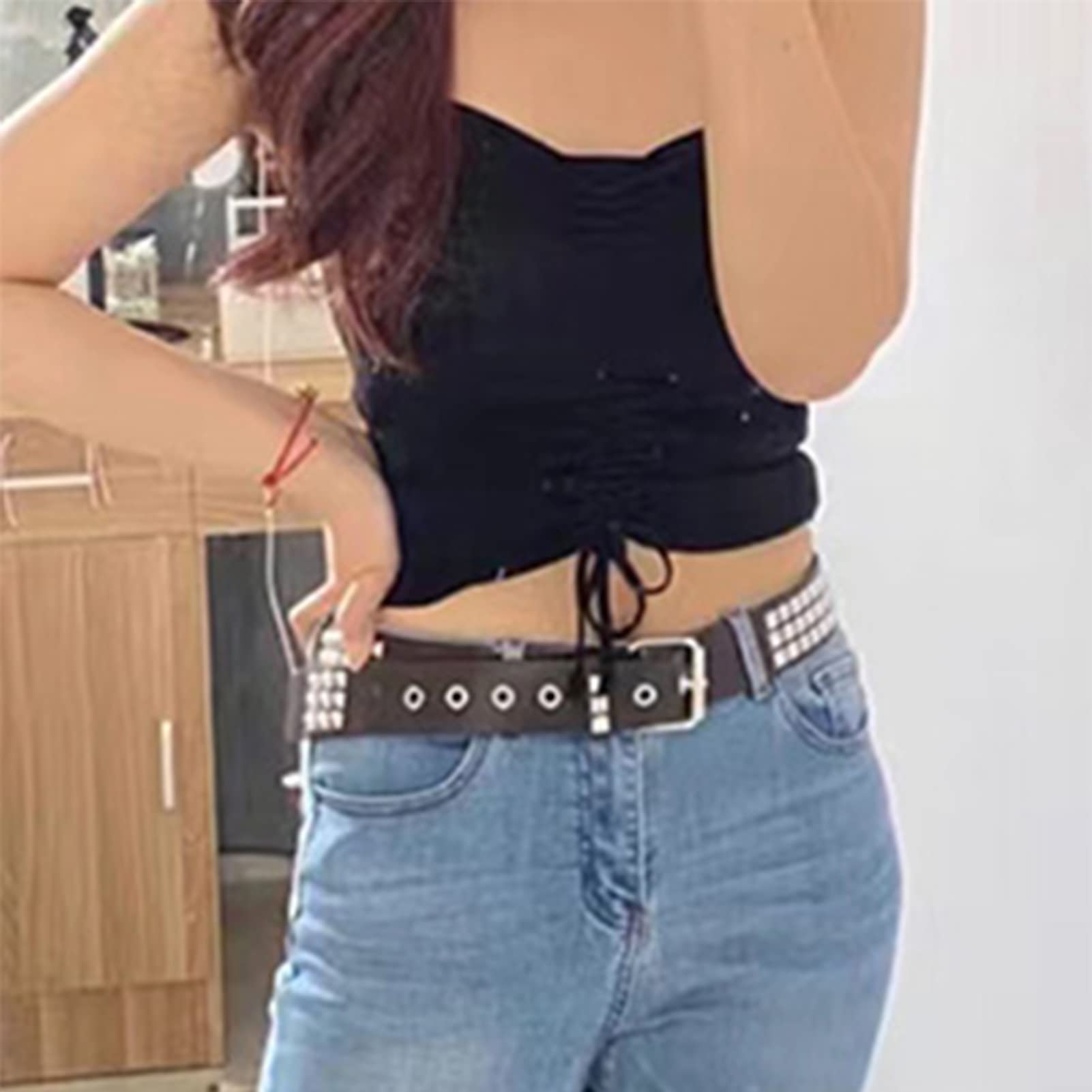 Studded Belt, 3 Row Metal Pyramid Silver Square Beads Punk Leather Belt, Gothic Punk Pants Jeans Belt for Women Men (Black) 110 x 3.8 cm