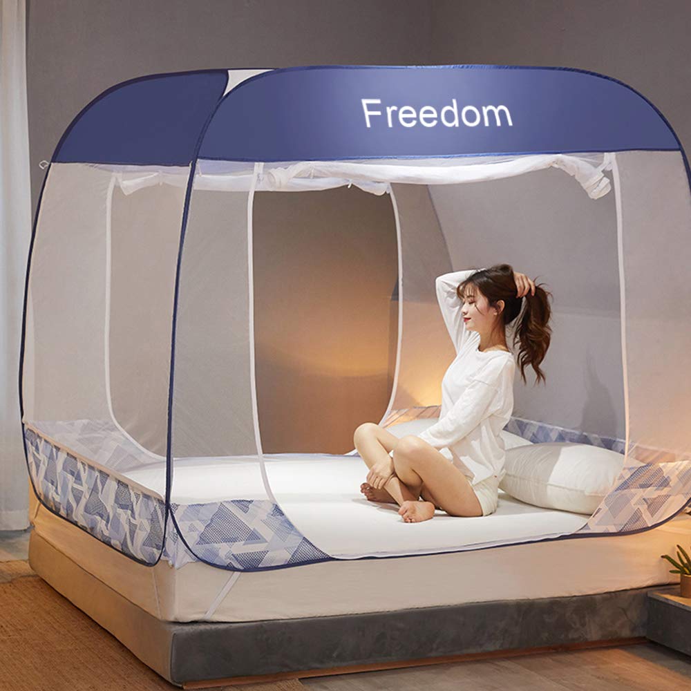 Pop-Up Mosquito Net Tent Canopy for Beds, Self-Standing Tent for Camping, w/Fully Enclosed Net Bottom, Folding Portable Design for Baby Adults Trip (Blue & Queen)