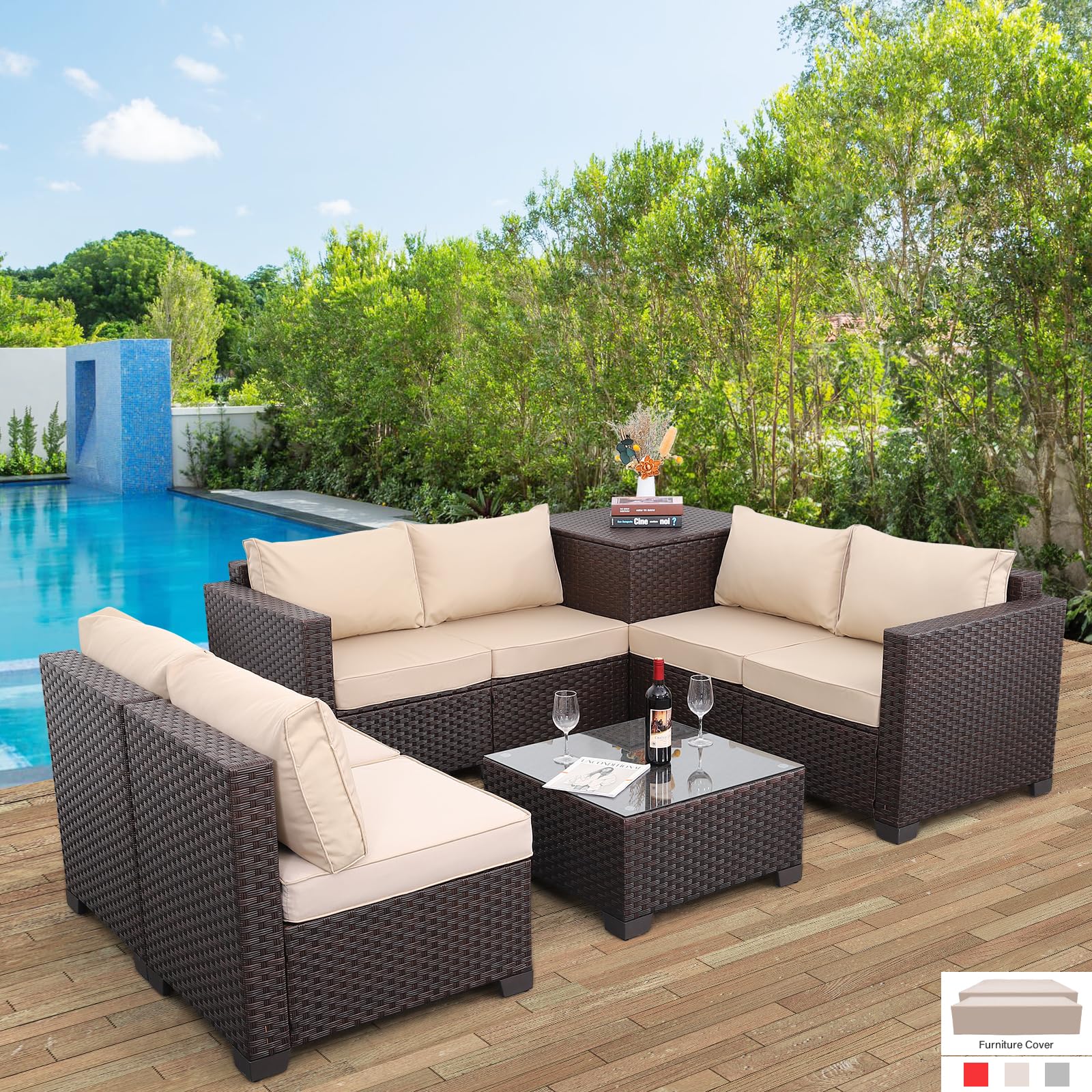Patio PE Wicker Furniture Set 6 Pieces Outdoor Brown Rattan Sectional Conversation Sofa Chair with Storage Table and Red Cushions
