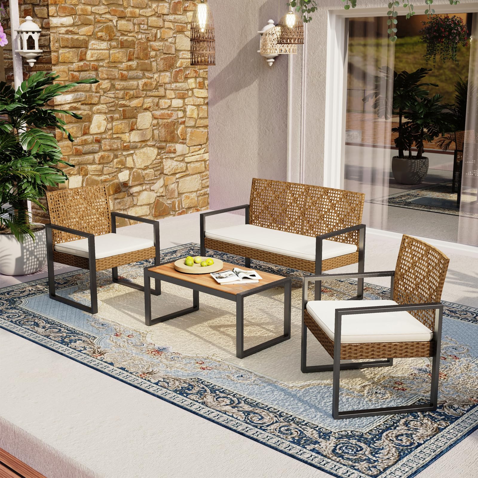 MFSTUDIO 4-Piece Patio Wicker Furniture Set, Outdoor Rattan Conversation Sofa Set for Small Spaces with Rattan Loveseat and Chairs, Solid Wood Table, Soft Beige Cushions, Backyard, Porch