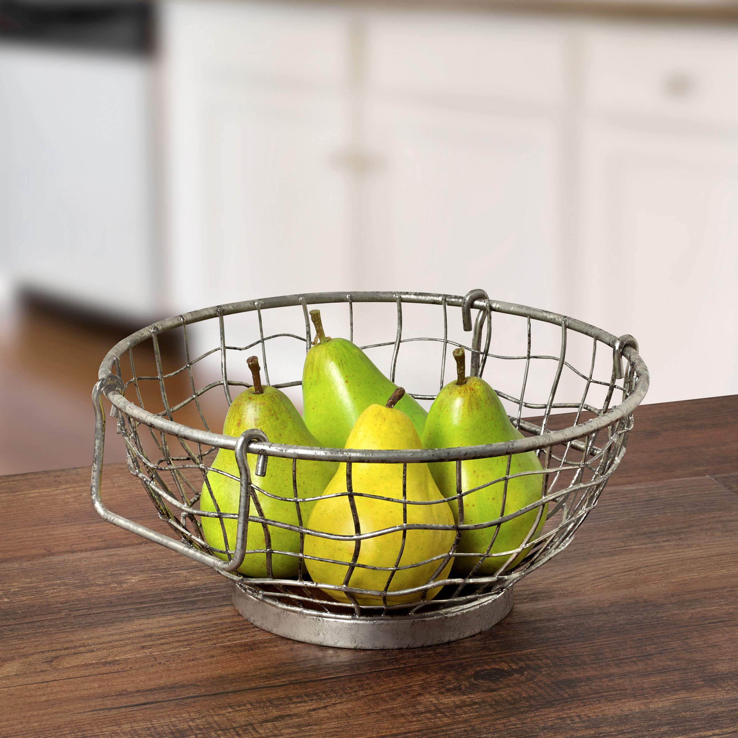 Spectrum Diversified Heritage Rustic Handles Distressed Kitchen Organizer with Wood Base, Farmhouse Bowl, Galvanized Fruit Basket for Counters & Dining Tables