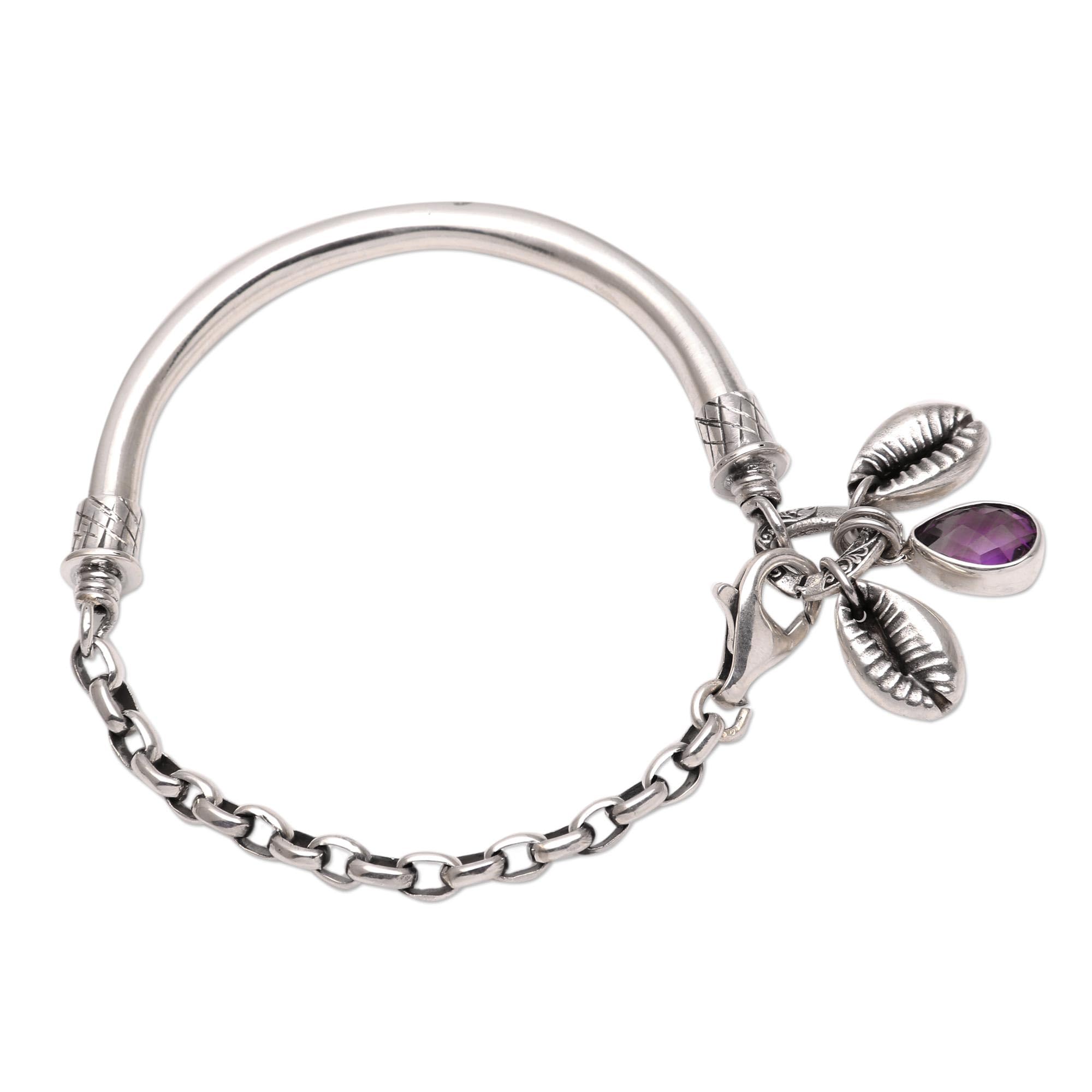 NOVICA Handmade .925 Sterling Silver Amethyst Bracelet Faceted from Java Charm Chain Bangle Indonesia Birthstone Gemstone [7.5 in Inner Circ. x 0.2 in W] 'Glistening Shells'