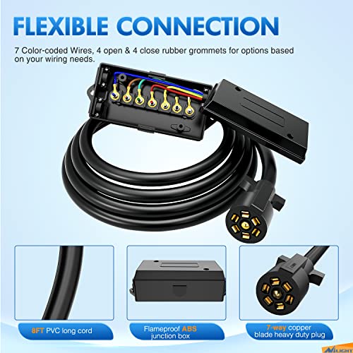 Nilight Heavy Duty 7 Way Inline Trailer Plug with 7 Gang Junction Box - 8 Feet, Trailer Connector Cable Wiring Harness with Weatherproof Junction Box Suitable for RV Automotives Cars,2 Years Warranty