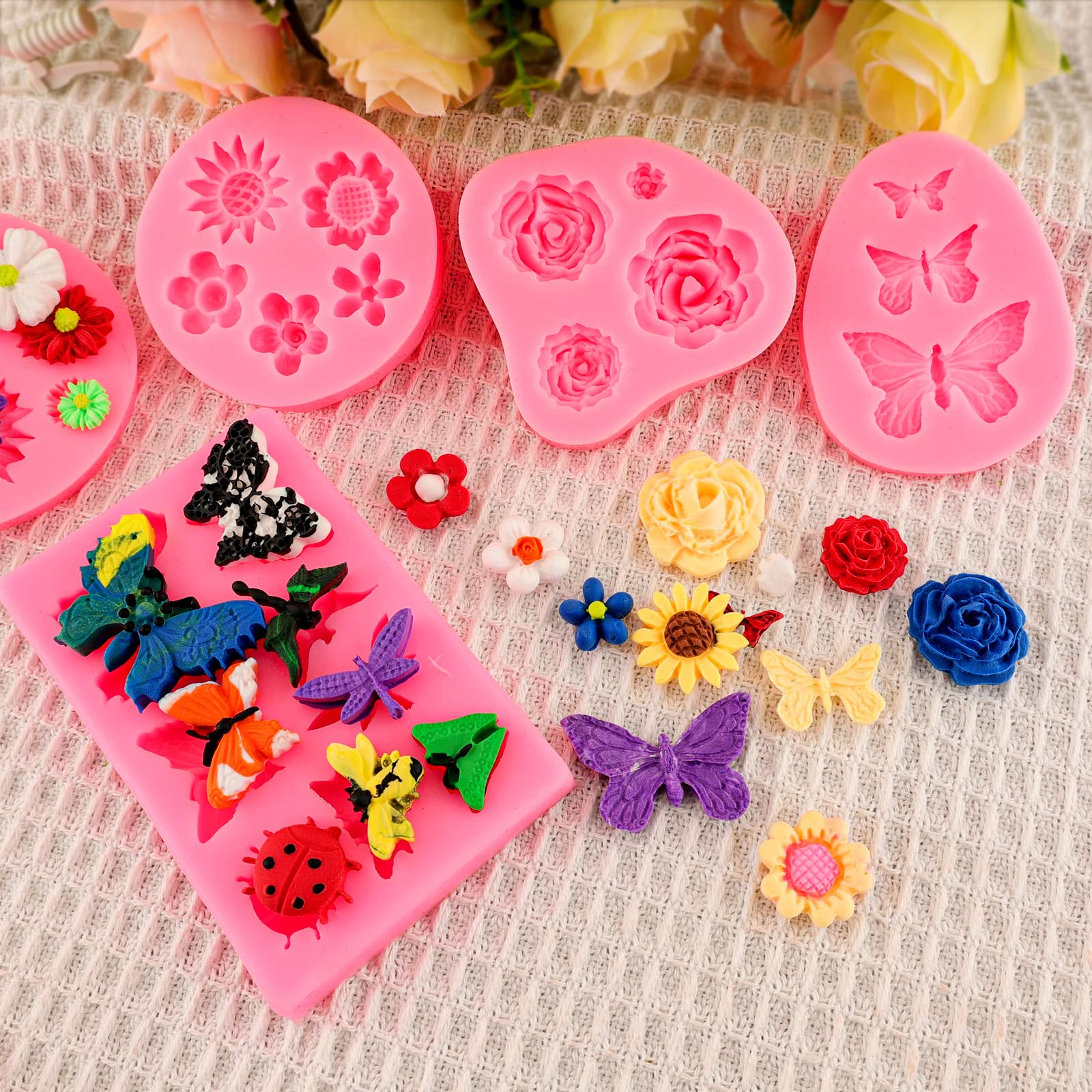 Silicone Mold Flower 8pcs Chocolate Fondant Polymer Clay Candy Gummy Mold,Rose Leaf Butterfly Bee Honey Shaped Silicone Molds for DIY Cake Cupcake Decor Craft