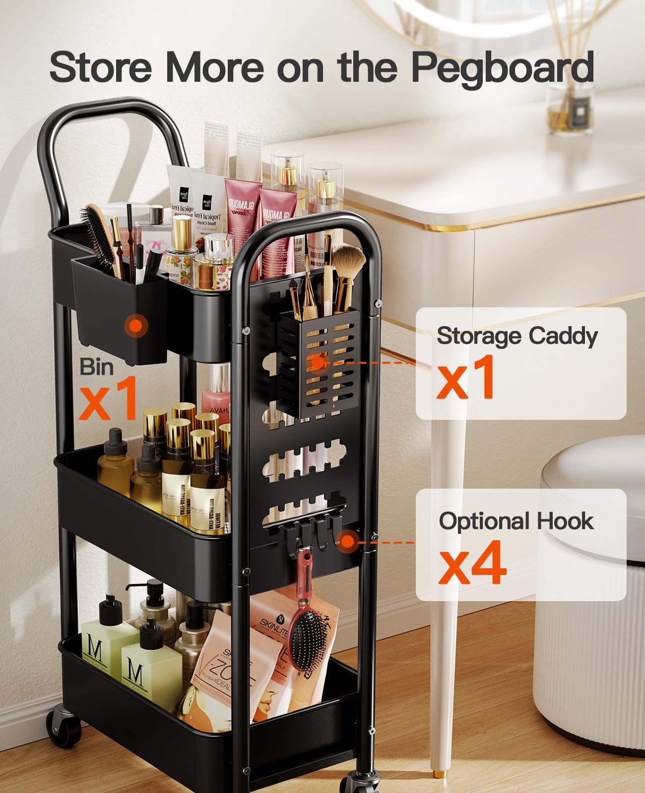 Pipishell 3-Tier Rolling Cart, Metal Utility Cart with Pegboard, Lockable Wheels & U-Shaped Handle, Storage Cart with 2 Hanging Cups & 4 Hooks for Living Room, Bedroom, Kitchen, Office (Black)