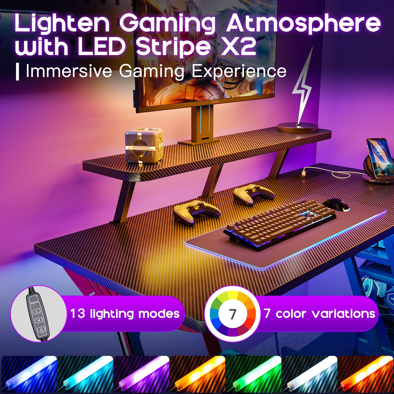 MOTPK L Shaped Gaming Desk with Led Lights, Small Corner Gaming Desk with Storage Shelf & Power Outlets, Computer Desk with Carbon Fiber Texture, 47 Inch, Black
