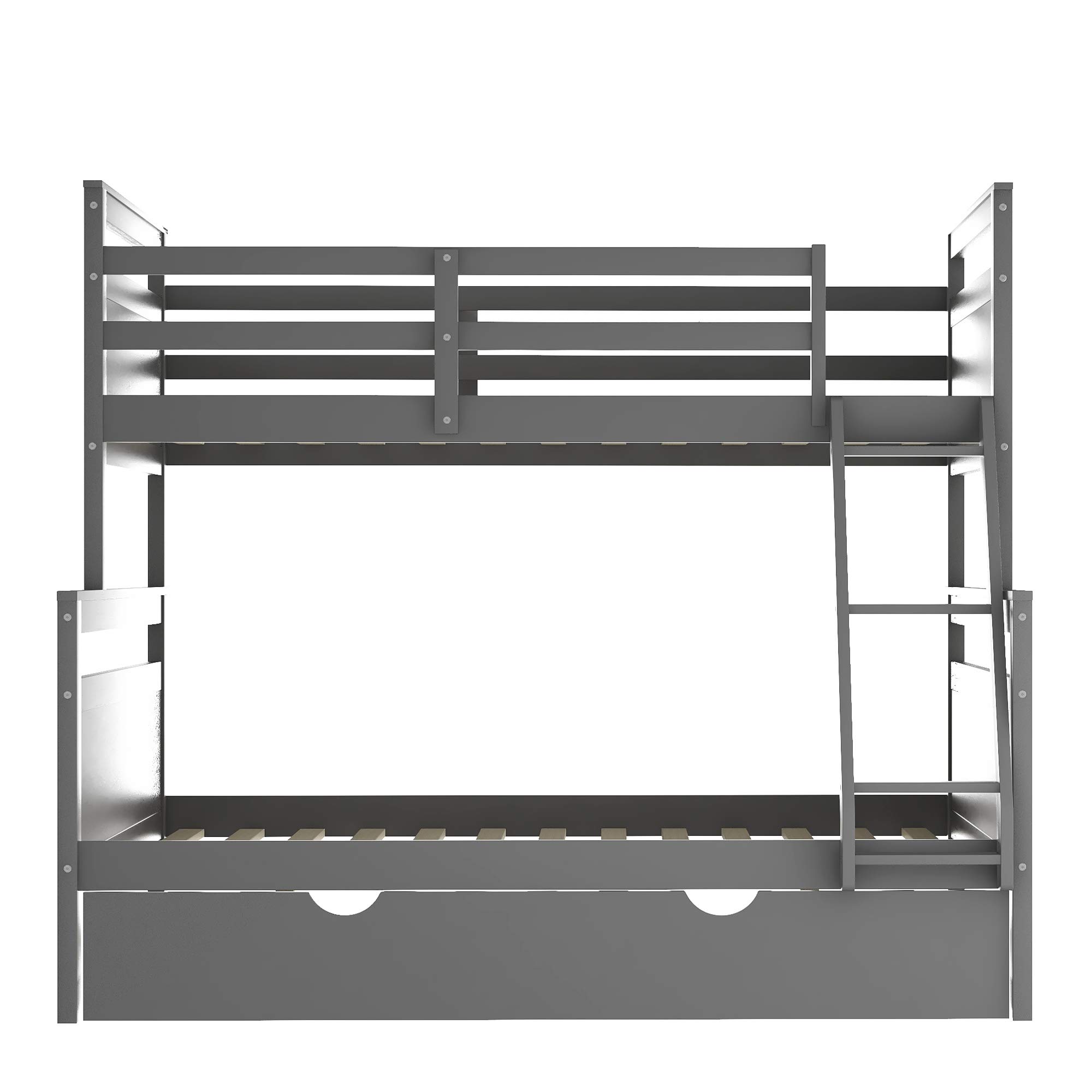 Merax Twin over Full Wood Bunk Bed with Trundle and Safety Guardrail for Teens, Guests,No Box Spring Needed, Gray