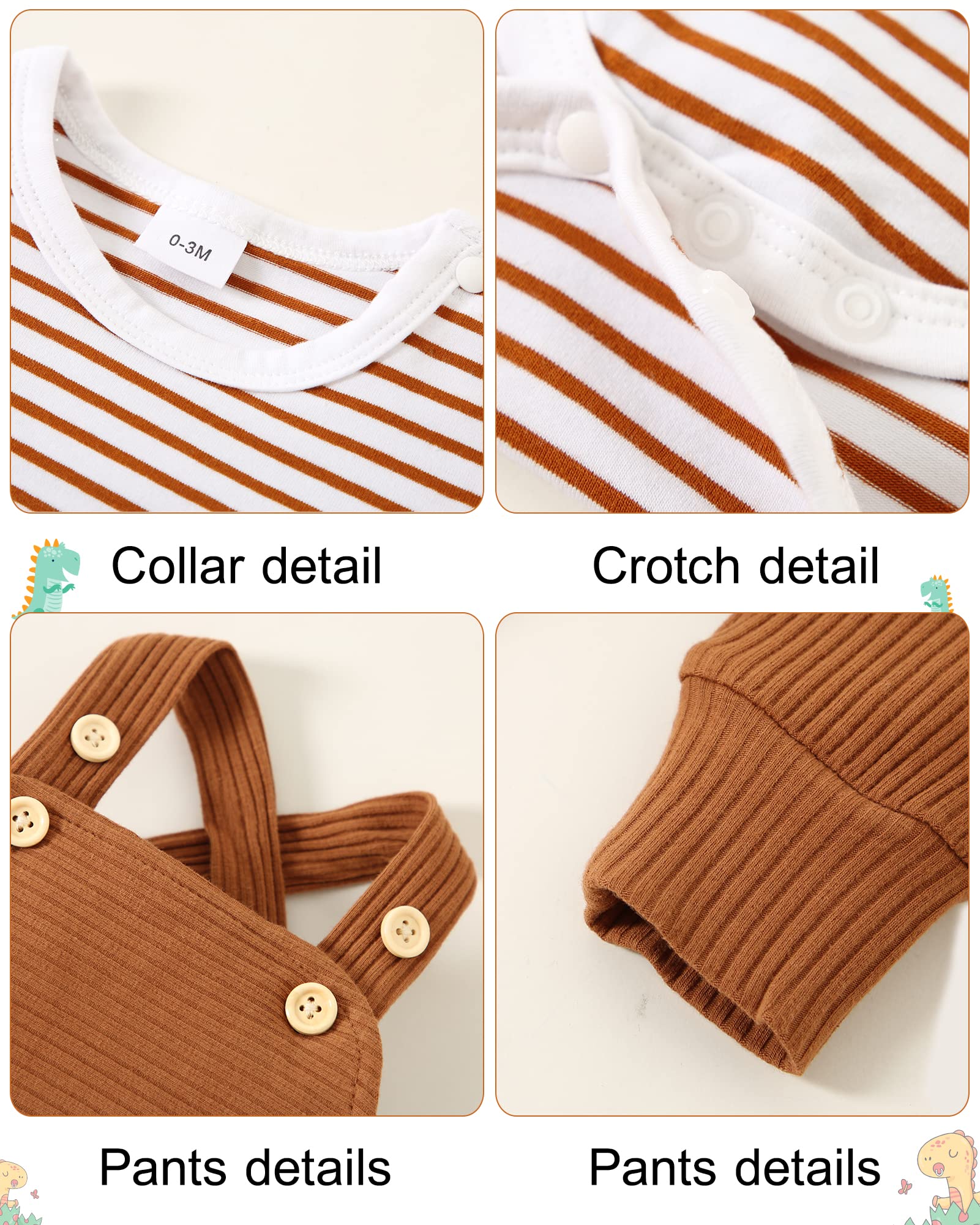 YUEMION Baby Boy Clothes 3 6 Months Newborn Infant Boy Outfits 2Pcs Stripe Top Romper Pants Set Overalls Toddler Boy Clothes(Brown, 3-6 Months)