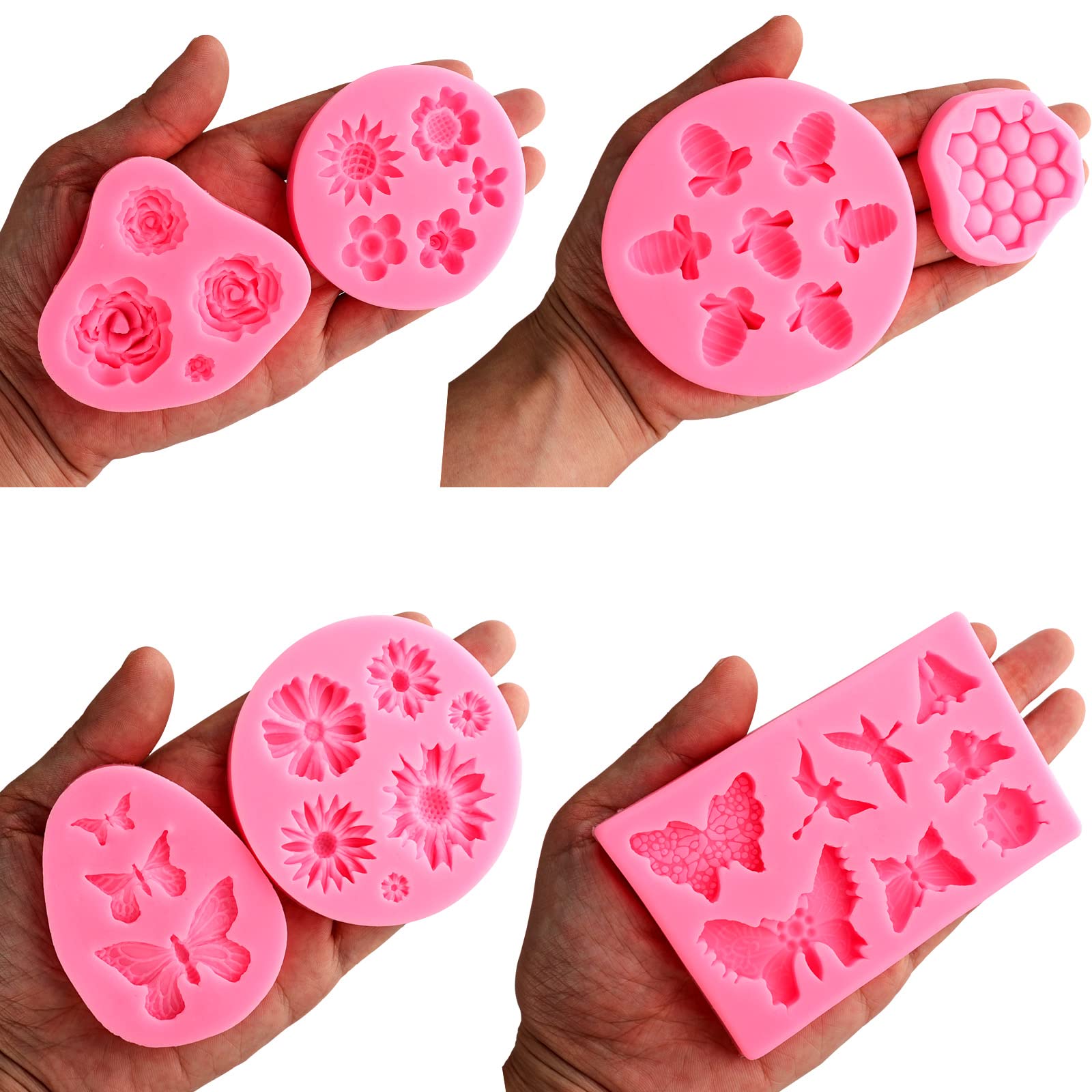 Silicone Mold Flower 8pcs Chocolate Fondant Polymer Clay Candy Gummy Mold,Rose Leaf Butterfly Bee Honey Shaped Silicone Molds for DIY Cake Cupcake Decor Craft