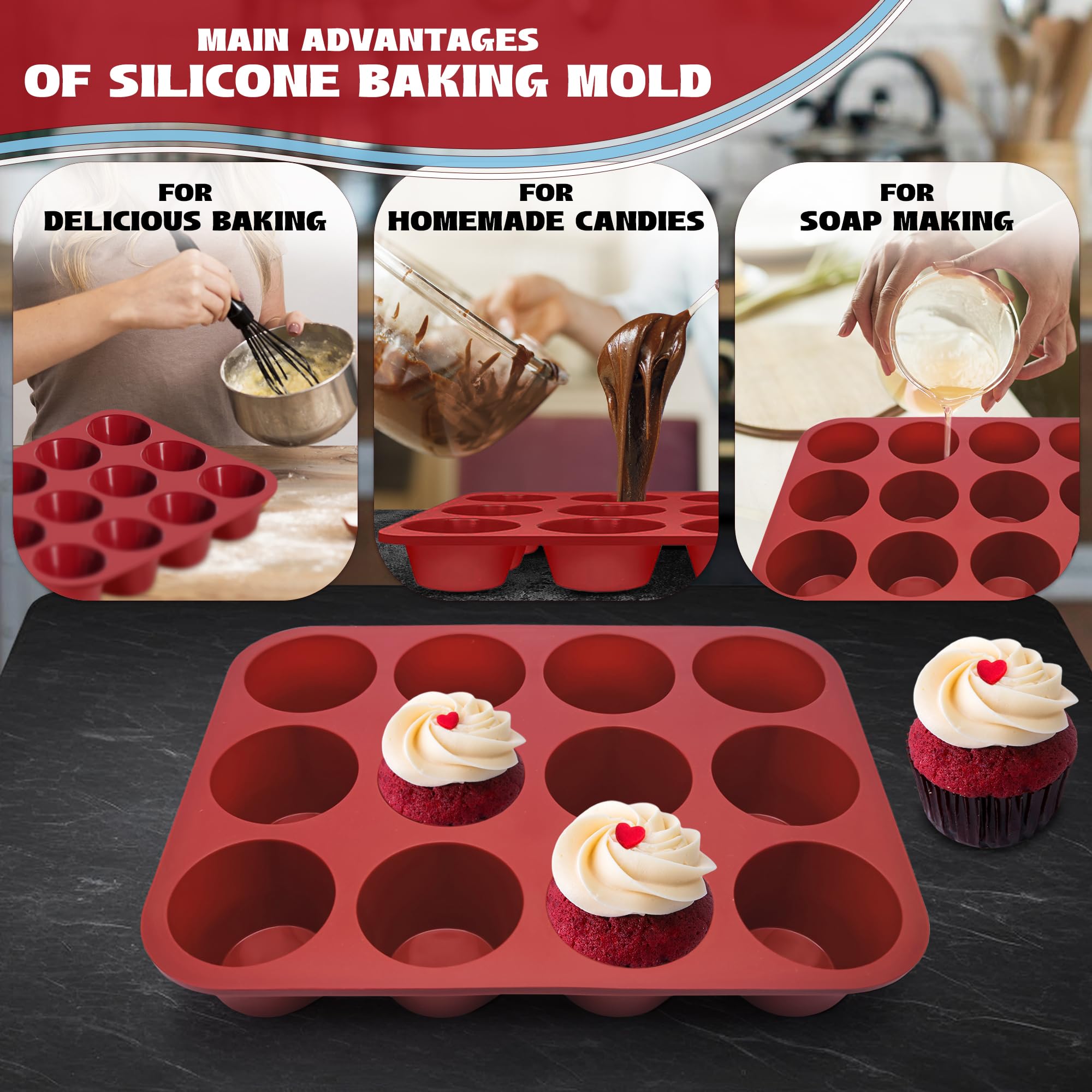 V TOWER 2Pcs Silicone Muffin Pans for Baking - 2 inch Deep Muffin Pan Silicone Molds for Baking Pans Nonstick Muffin Pan 12 Cavity - Silicone Muffin Pan Cupcake Silicone Molds Baking Pan Set