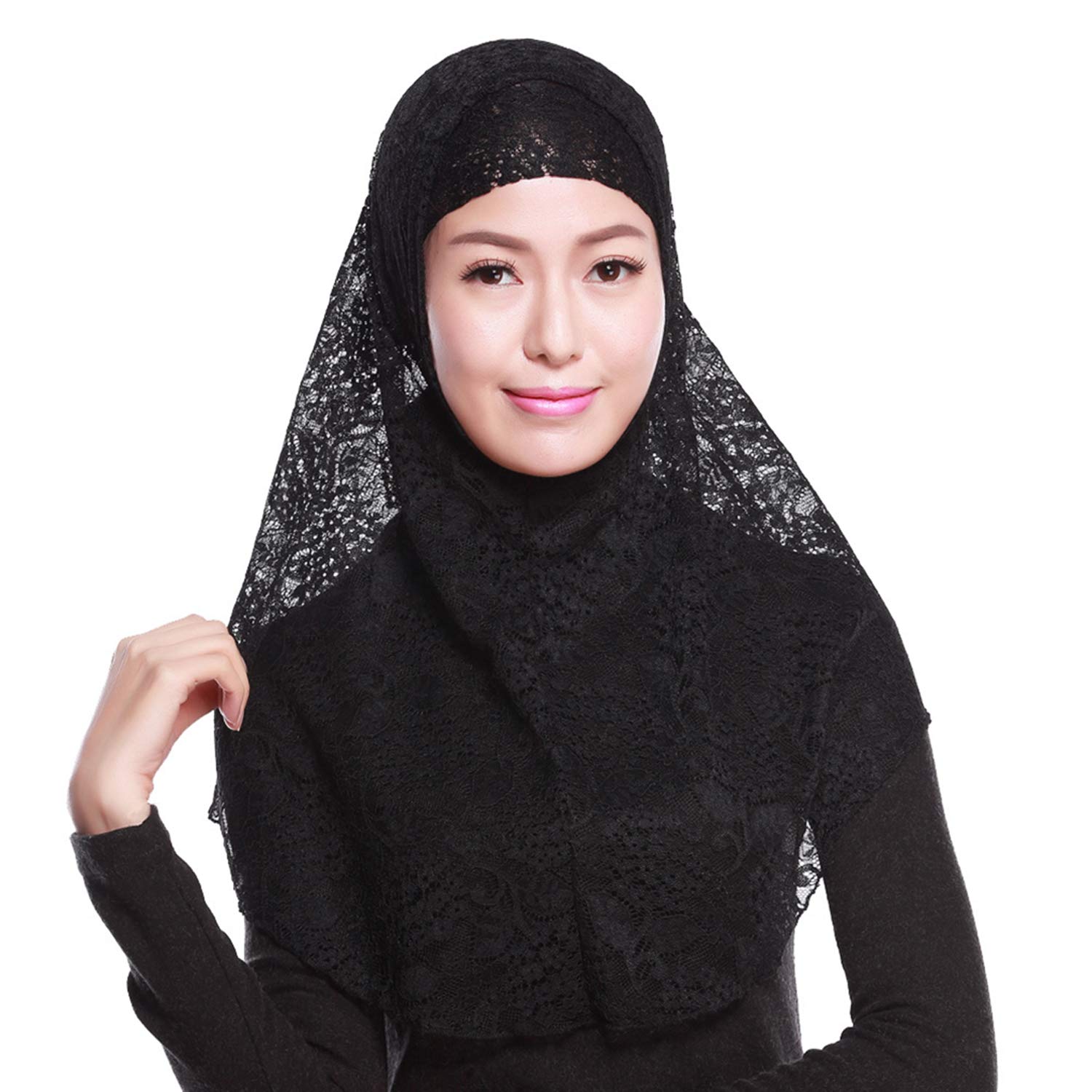 OhMill Womens Muslim Lace Hijab Lightweight 2 piece Hijabs Head Wrap Outer Scarf Inner Cap Islamic Turban Scarf Shawl (Black)