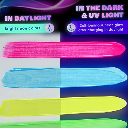 neon nights 2-IN-1 Glow In The Dark Acrylic Paint Set Glows in the Dark & under UV Blacklight - Set of 8 Self-Luminous Neon Paints for Halloween - German Premium Quality - 8 x 20 ml /
