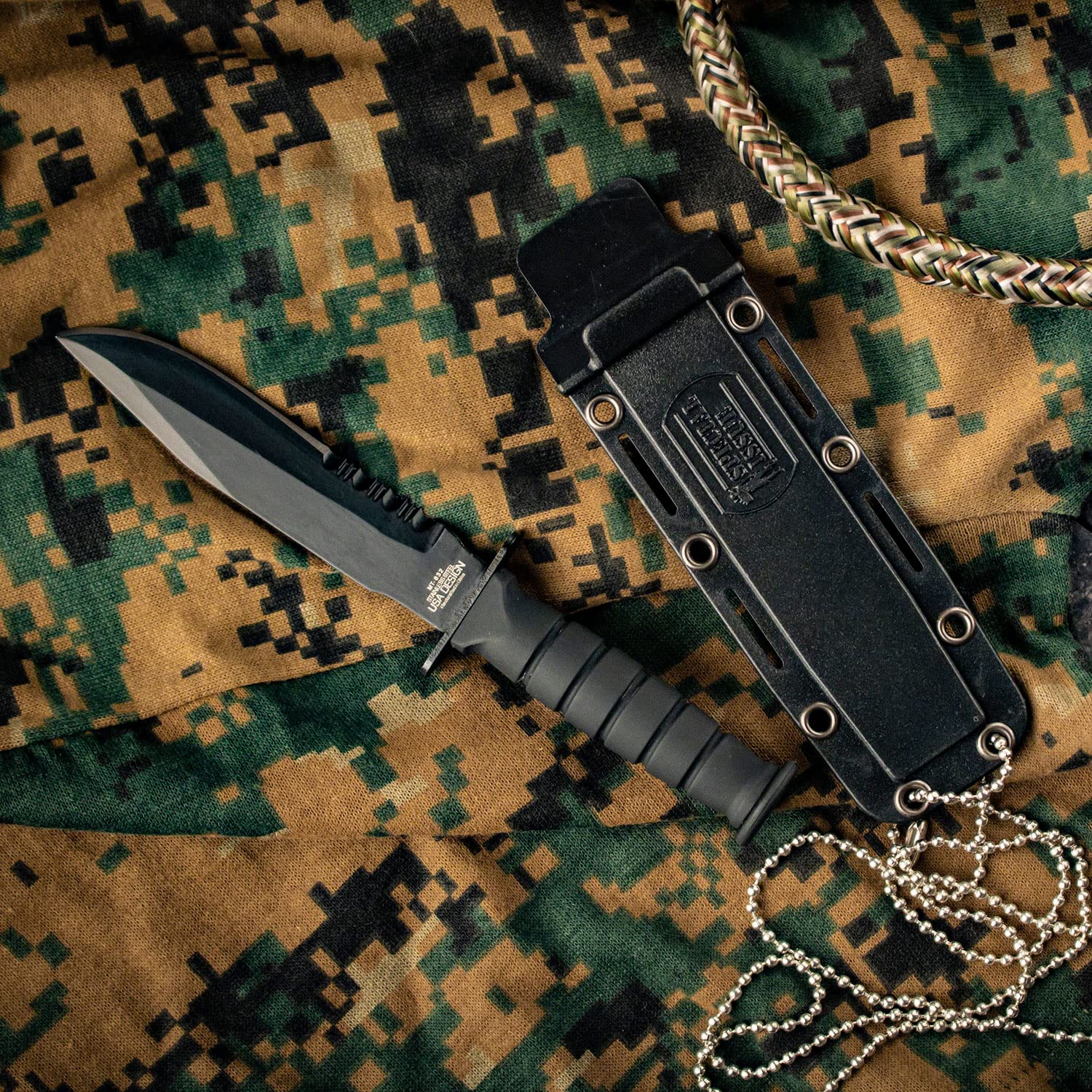 MTech USA MT-632DB Fixed Blade Tactical Neck Knife, Black Drop Point Blade with Blood Groove, Black Handle, 6-Inch Overall