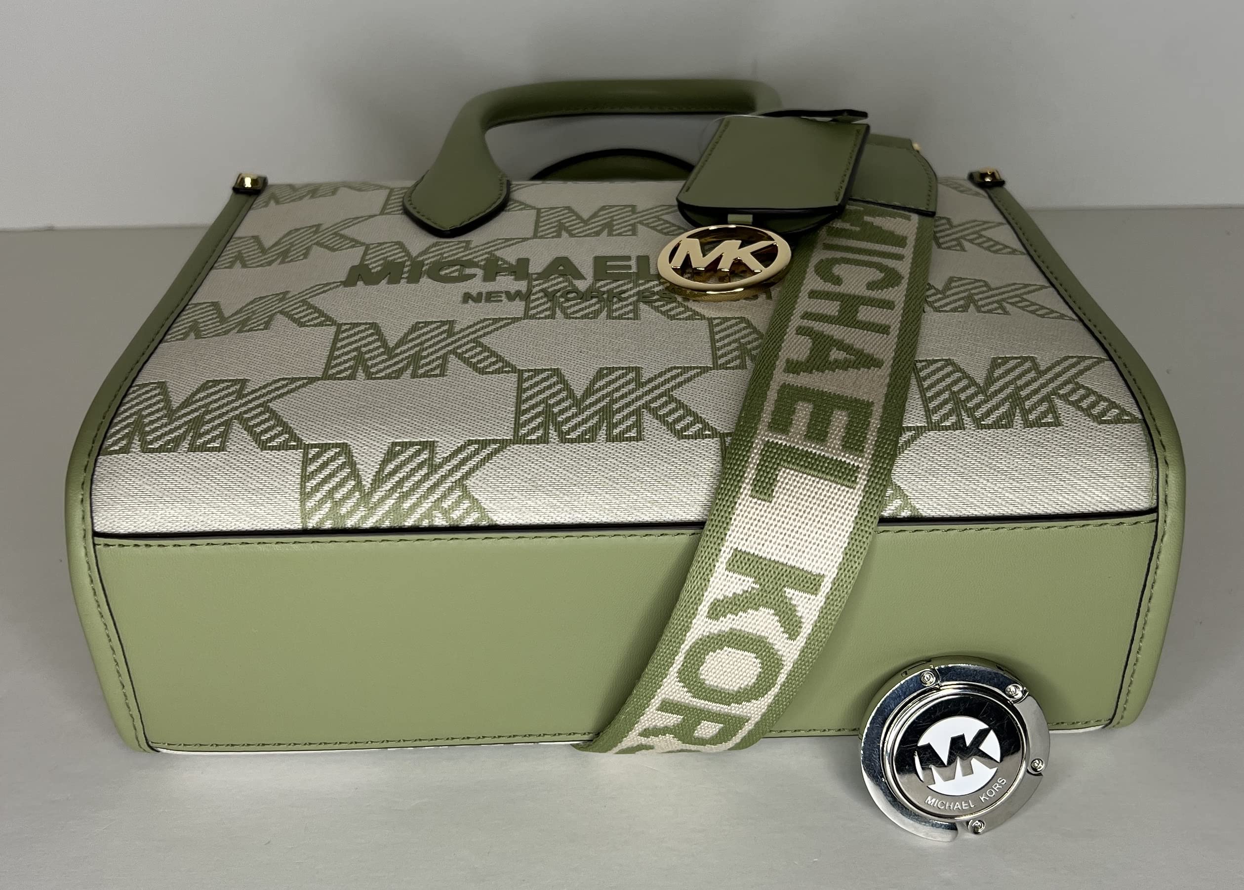 Michael Kors Mirella Small Shopper Top Zip Bag bundled SM TZ Coinpouch Purse Hook (Sage Green MK)