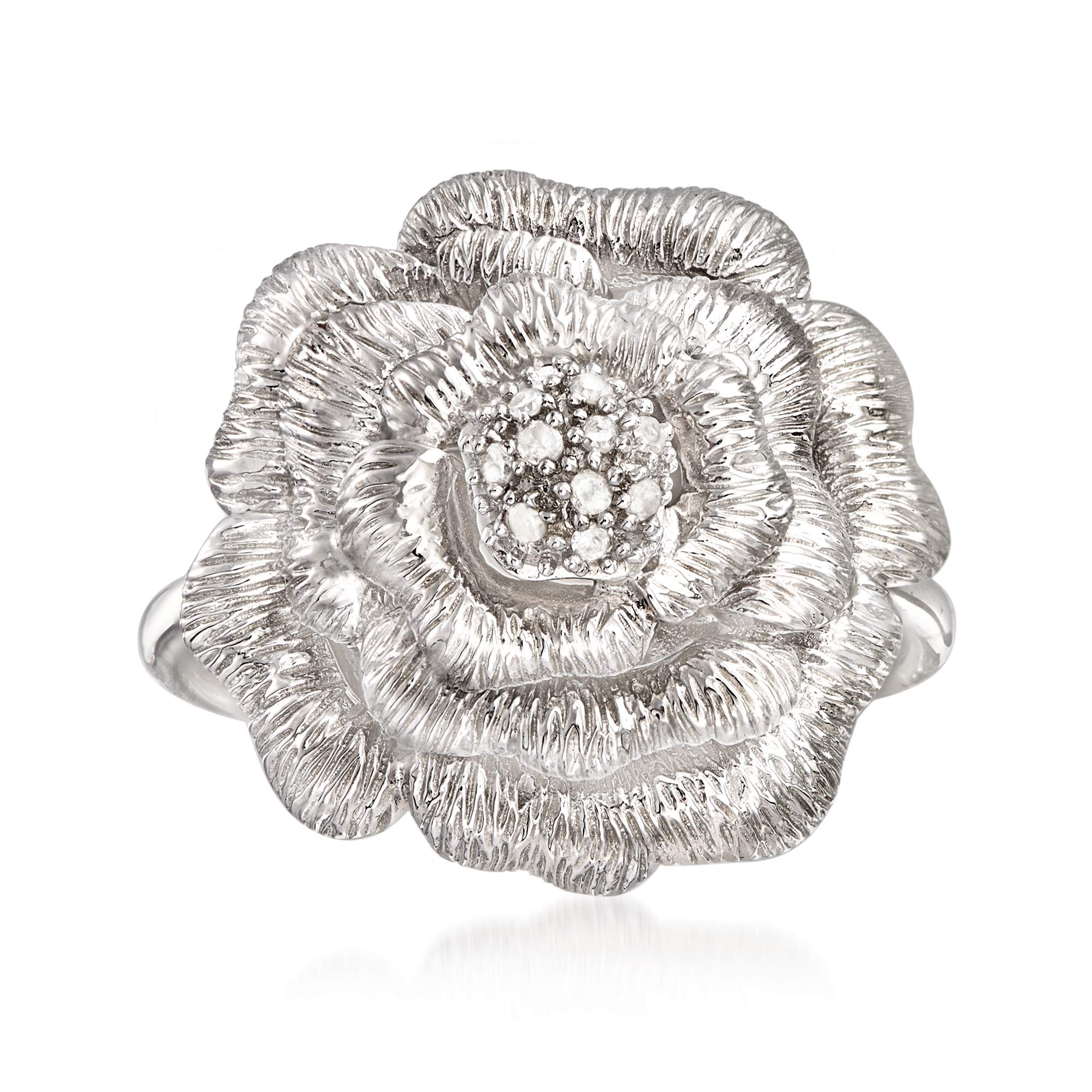 Ross-Simons Sterling Silver Rose Ring With Diamond Accents. Size 8