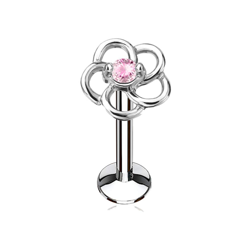 MoBody 16G CZ Centered Hollow Flower Top Labret Piercing Surgical Steel Internally Threaded Monroe Lip Ring Helix Earring (Silver-Tone with Pink CZ, 6)