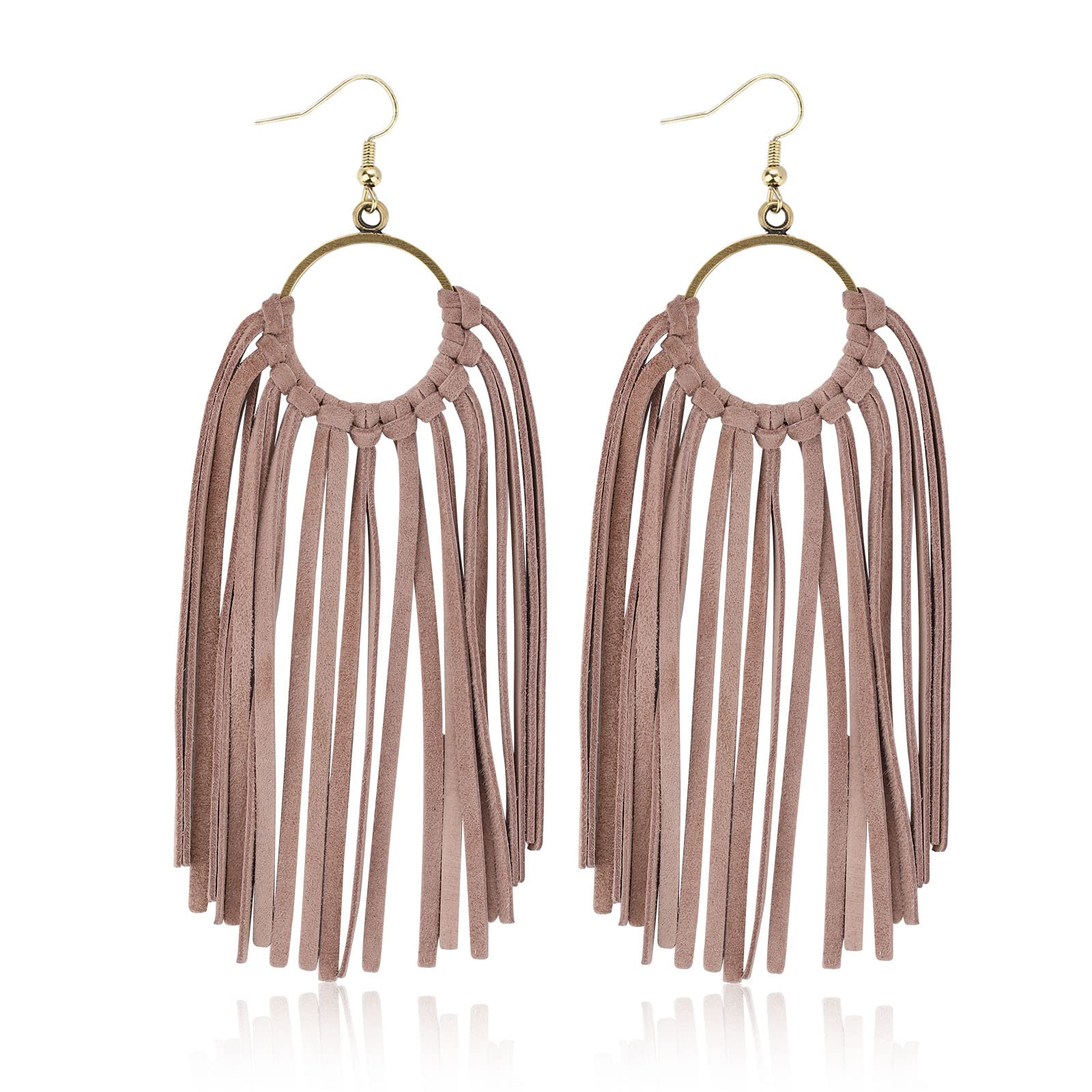 Western Leather Tassel Earrings Bohemian Handmade Fringe Dangle Drop Earrings for Women Girls (Khaki)