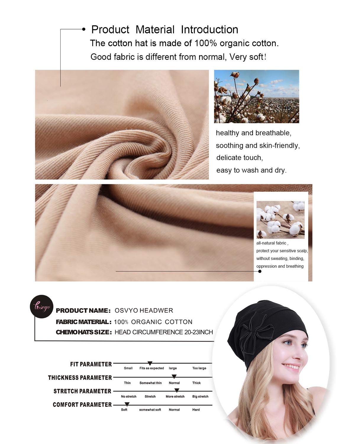 osvyo Cotton Chemo Turbans headwear Beanie Hat Cap for Women Cancer Patient Hairloss BLACK