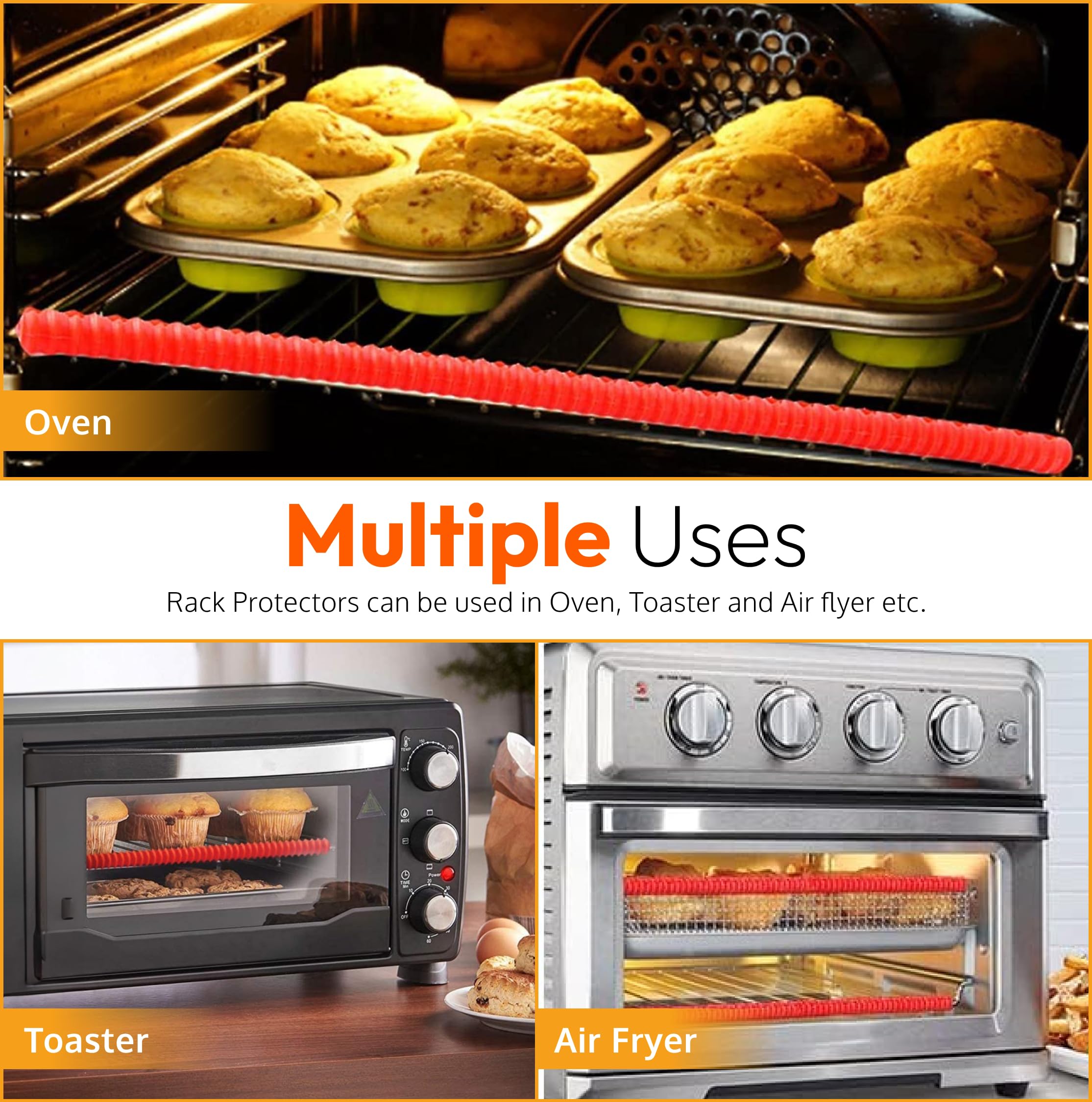 Silicone Oven Rack Shields Guards - Heat Resistant Oven Protector Oven guards for racks side heat shield for toaster oven Protect Against Burns and Scars | 14 Inches Long (Red)