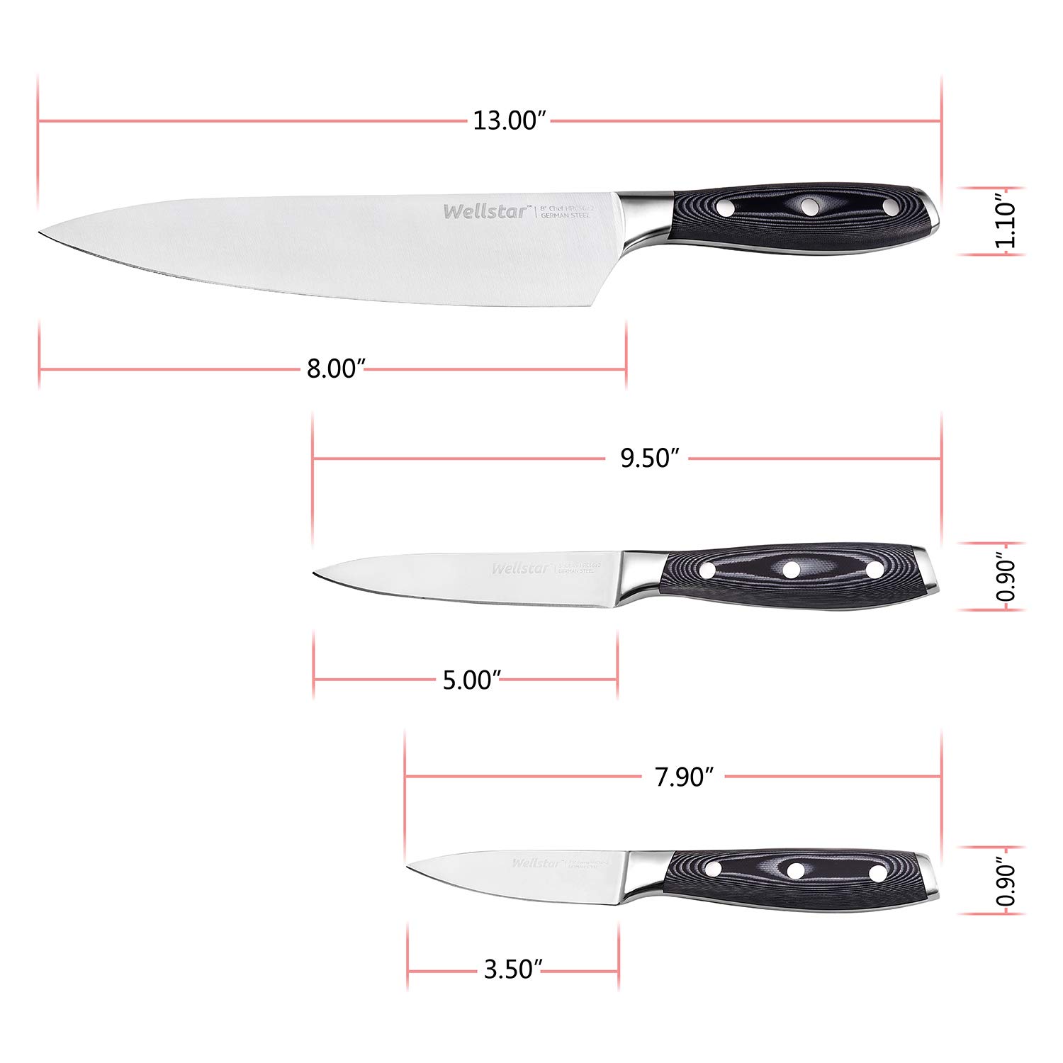 WELLSTAR Kitchen Knife Set 3 Piece, Razor Sharp German Steel Forged Blade with Professional G10 Handle, Chef Utility Paring Knife Well Balanced Cutlery Set for Cutting Chopping and Dicing - Gift Box