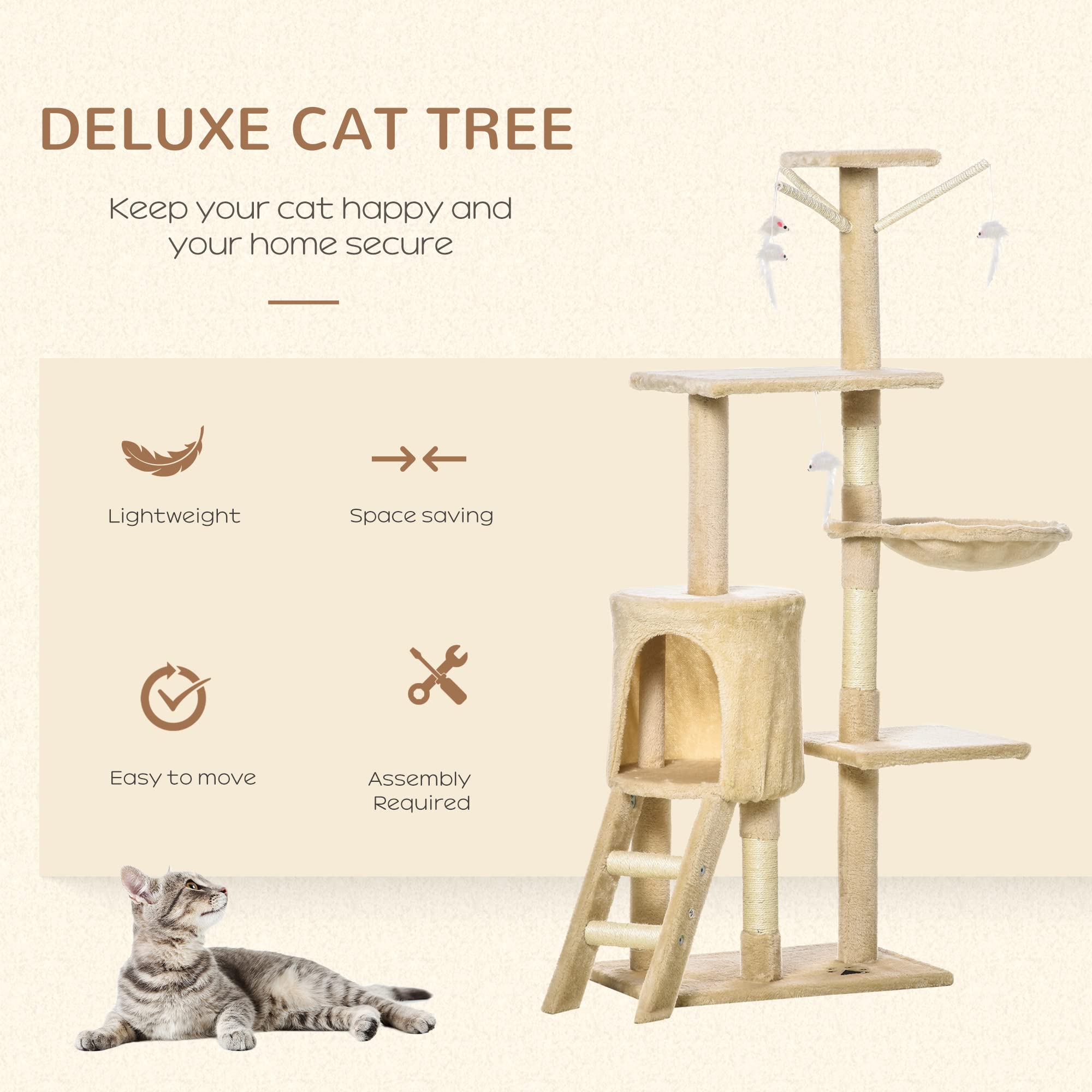 PawHut 53" Plush Sturdy Interactive Cat Condo Tower Scratching Post Activity Tree House - Beige