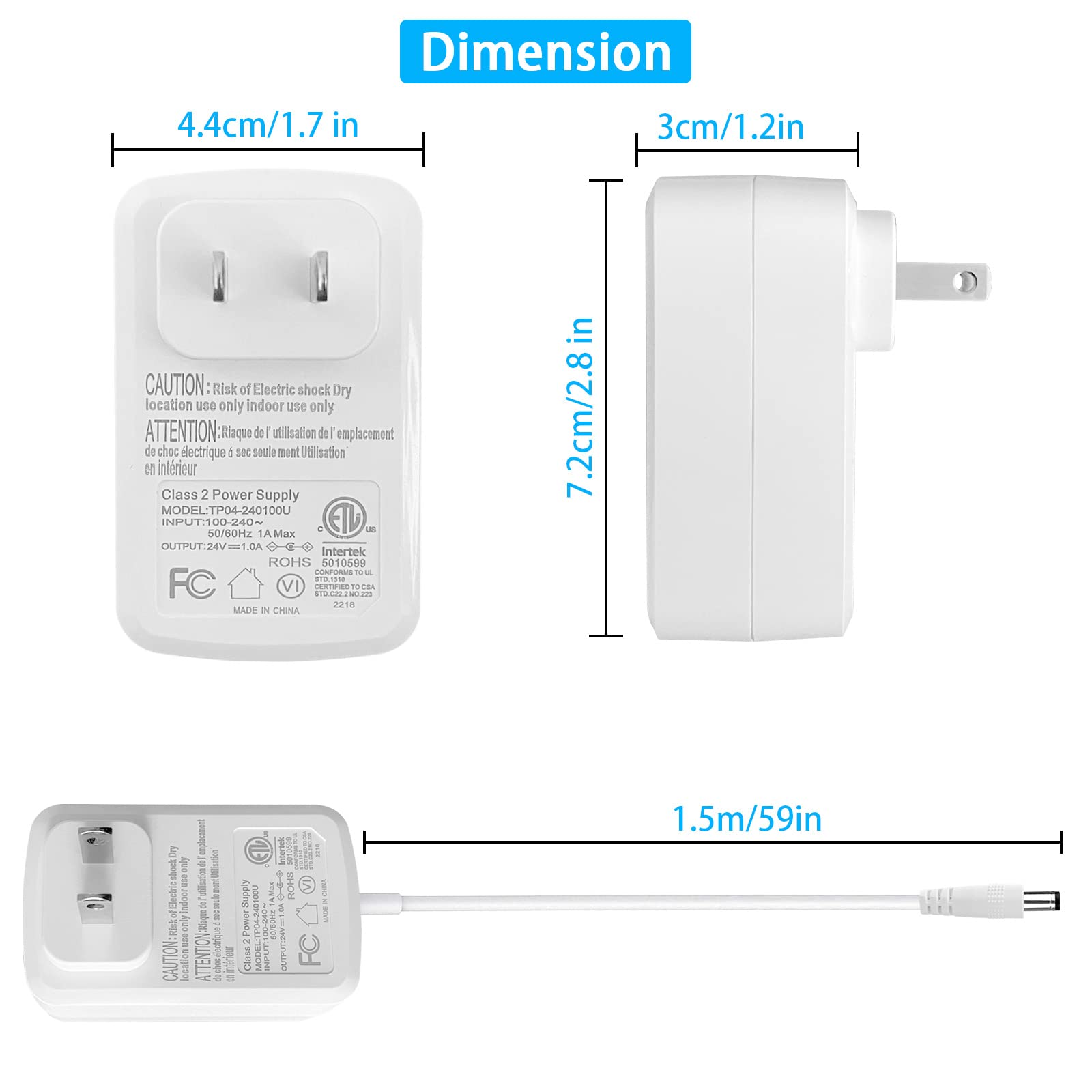 TKDY 24V 1A Power Supply Cord White, 110-240V AC to 24Vdc 24W Class 2 Adapter, DC24V Switching Charger for 24 Volt 1.0A 1000mA 0.75A 750mA 0.5A 500mA Diffuser Humidifier LED Light.