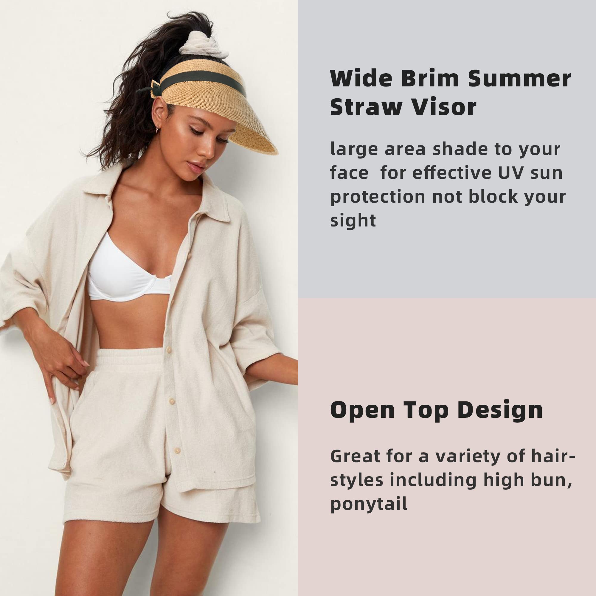Sun Visors Hat Womens, Beach Straw Hats Wide Brim, Adjustable Summer Sun UV Protection Visor Hat, Roll Up Packable UPF50+ Ponytail Cap for Travel Vacation A-Khaki