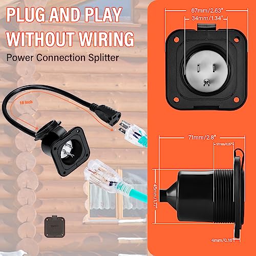 WELLUCK 15 Amp 125V AC Power Inlet Port Plug with Integrated 18" Extension Cord, NEMA 5-15 RV Flanged Inlet with Waterproof & Back Cover, 2 Pole 3-Wire Shore Power Plug for Boat