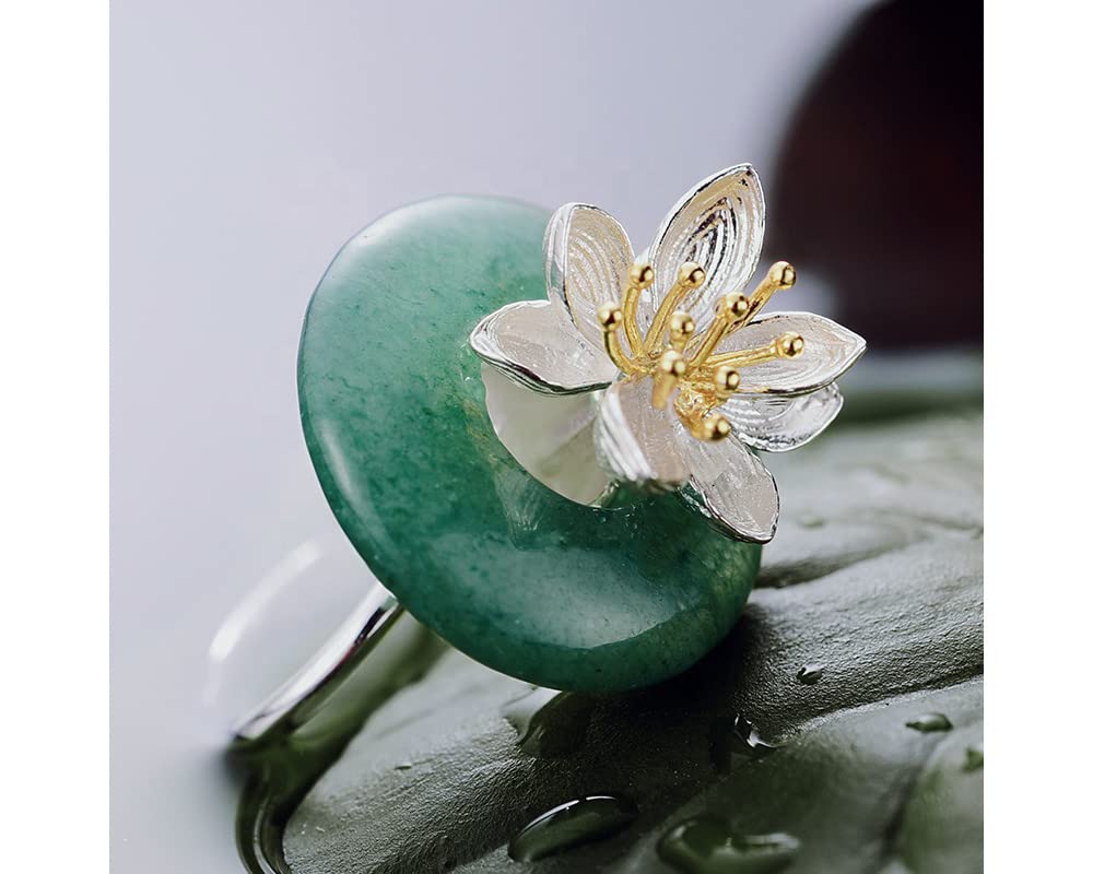 Stunning Lotus Flower Ring with Natural Gemstone Aventurine in 925 Sterling Silver Adjustable Ring Size Women Fine Handmade Jewelry - PremiumPearl
