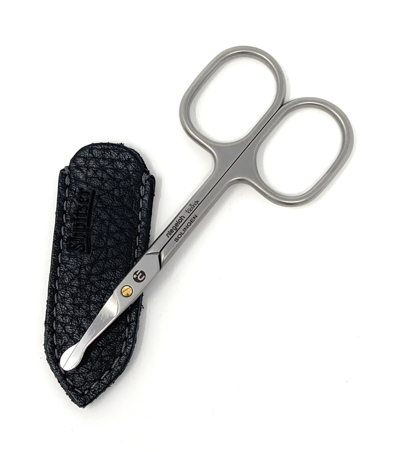 Niegeloh Professional TopInox Stainless Steel Nose & Ear Scissors with SHPITSER Genuine Leather Case. Made in Solingen, Germany