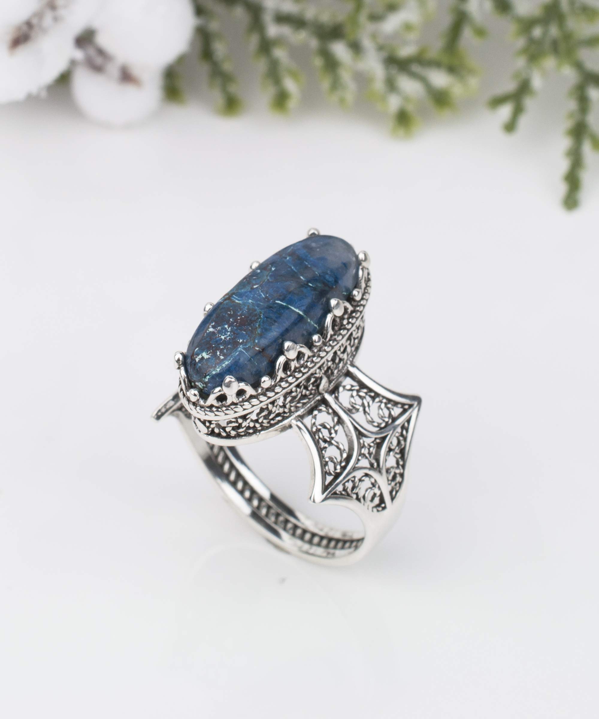 Ottoman Silver Collection 925 Sterling Silver Filigree Style Dainty Queen`s Crown Genuine Carnelian/Chrysocolla Gemstone Ring Special Selection for You and Your Precious (6.5, chrysocolla)