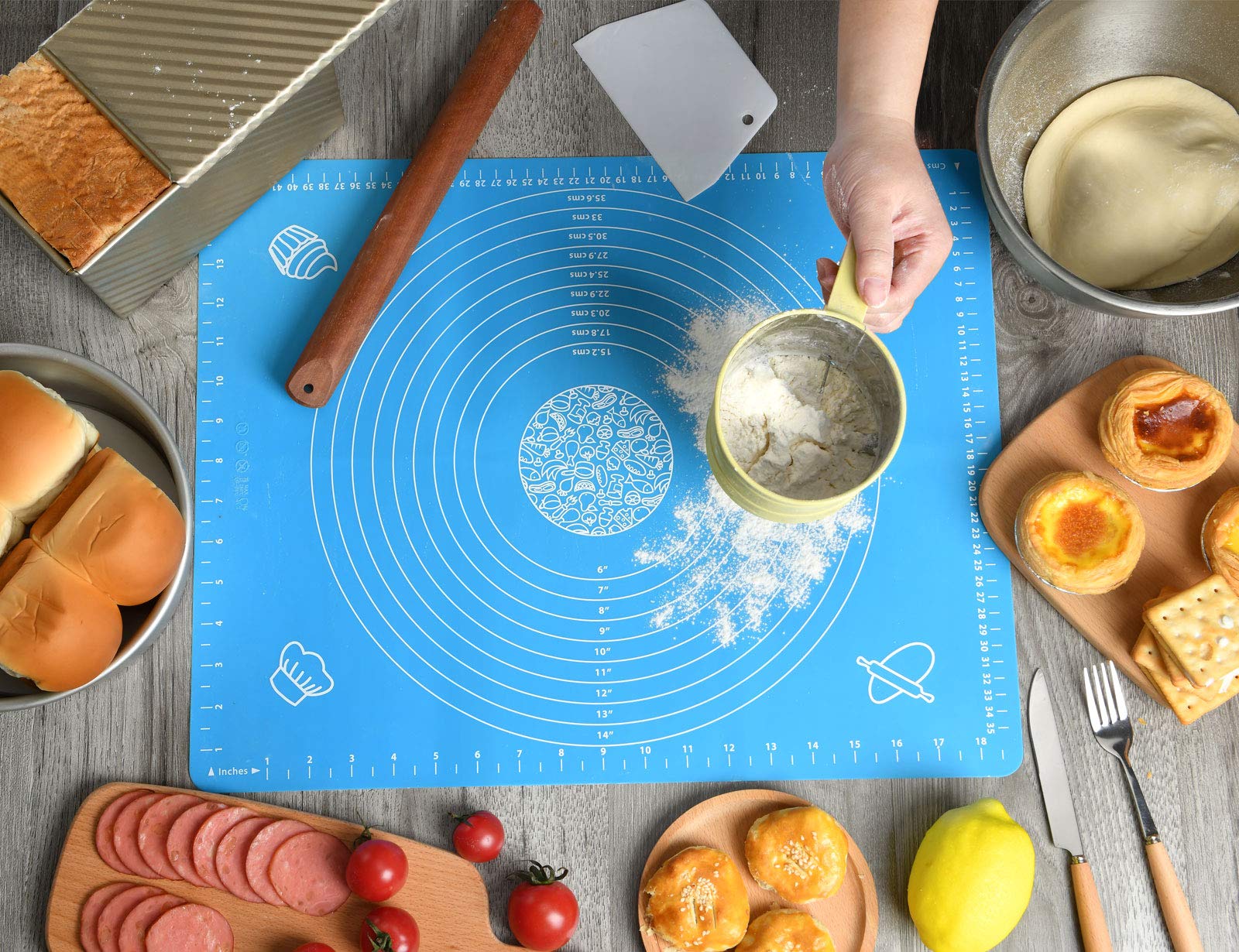 Silicone Pastry Mat for Rolling Dough Non Slip Extra Large, Nonstick Pastry Baking Mat with Measurements, Silicone Dough Rolling Mat with Dough Scraper (26" x 18", Blue)