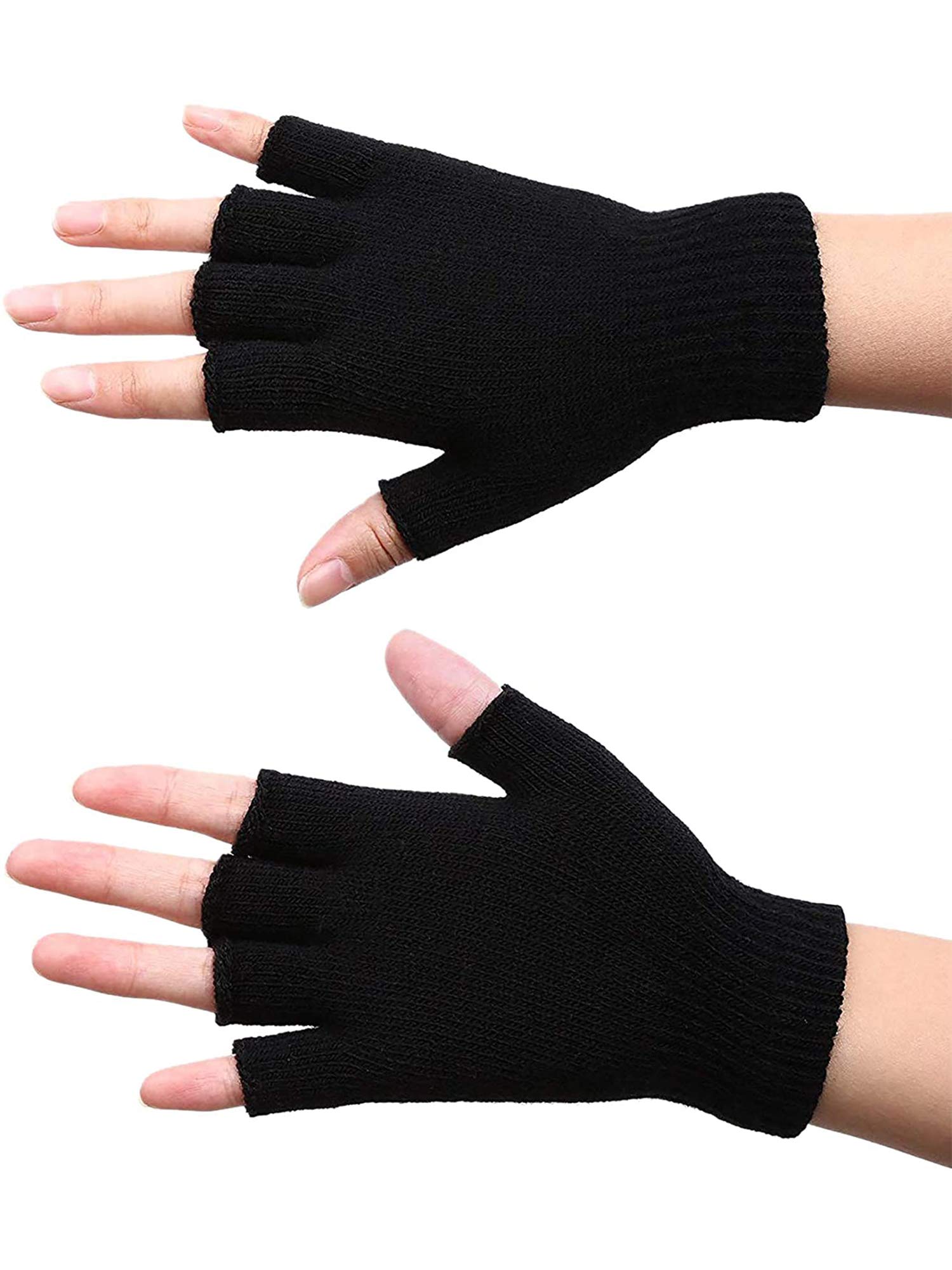 SATINIOR 4 Pairs Winter Half Finger Gloves Knitted Fingerless Mittens Warm Stretchy Gloves for Men and Women (Black, Navy, Red)