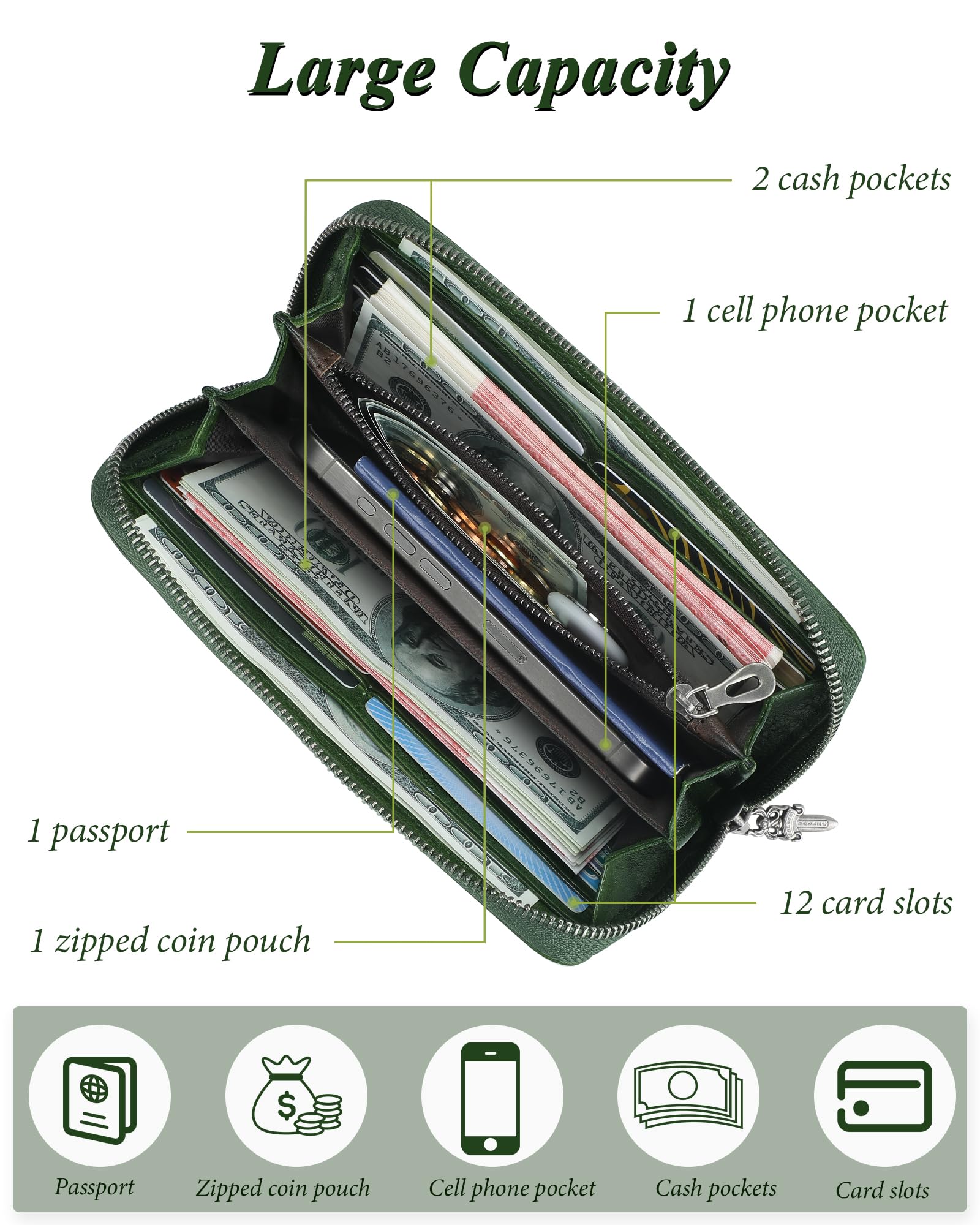 WILD WORLD Designer Emerald Green Calfskin Soft Leather Wallets for Ladies, Large Capacity Clutch Purse for women With Gift Box