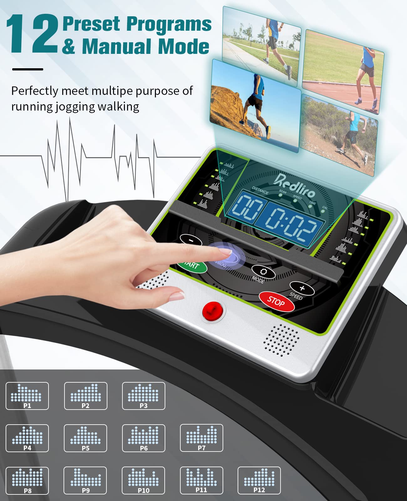 REDLIRO Foldable Treadmill with Incline, Portable Run Walking Folding Compact Exercise Machine with 12 Preset Program, LED Display, Easy Assembly for Small Space Fitness Electric Workout for Home
